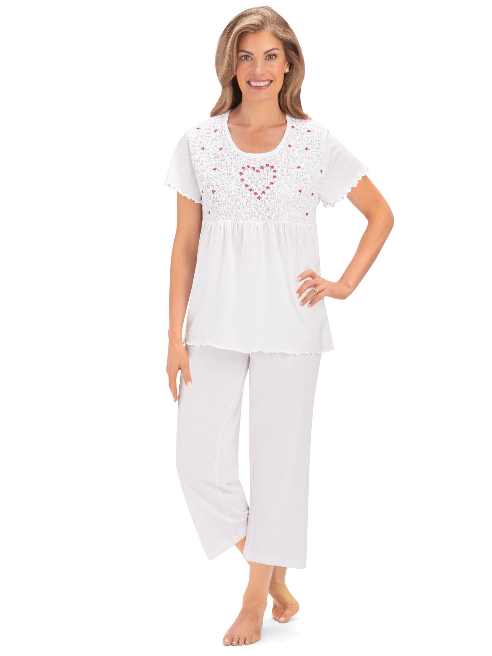 Collections Etc Smocked & Embroidered Rosebud Heart 2-Piece Pajama Set ...