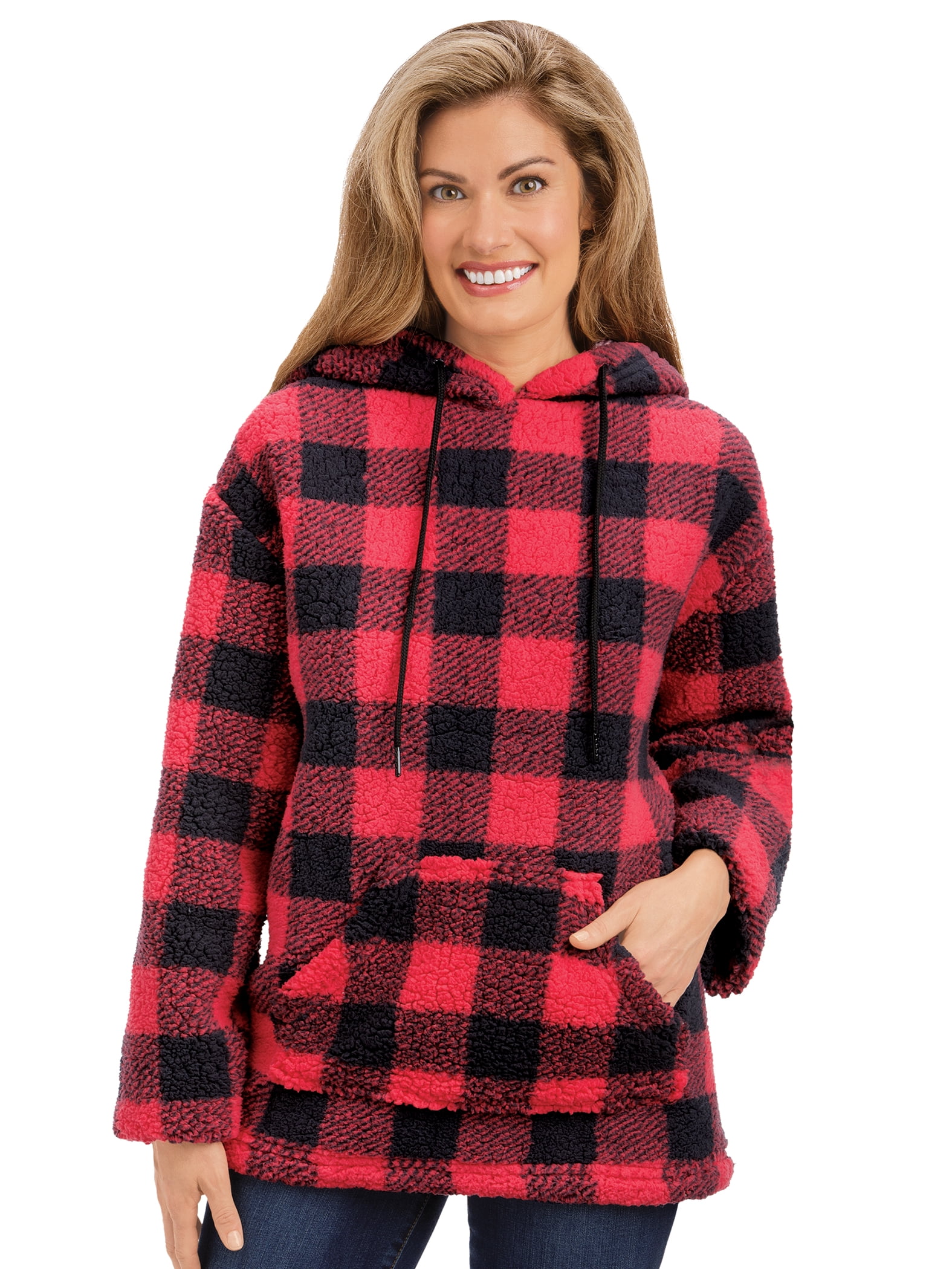 Collections Etc Soft Sherpa Buffalo Check Design Comfy Hoodie - Walmart.com