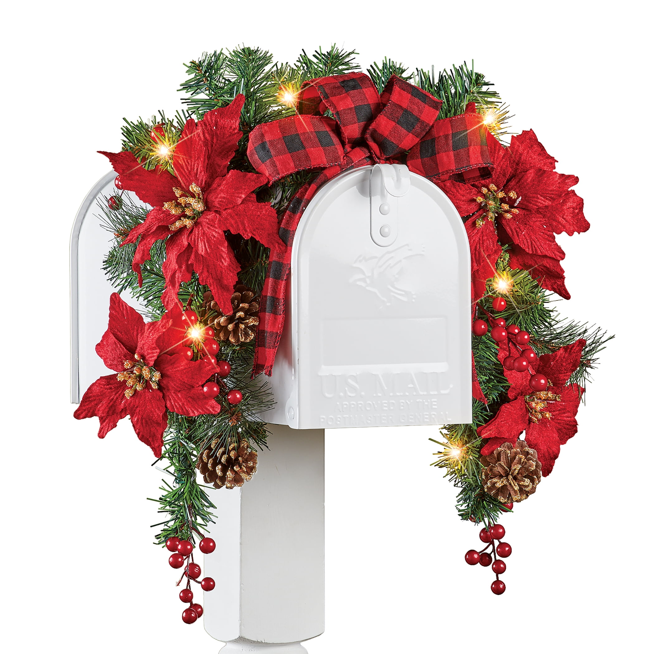 Collections Etc Solar Poinsettia Mailbox Swag, Buffalo Check Bow, LED ...