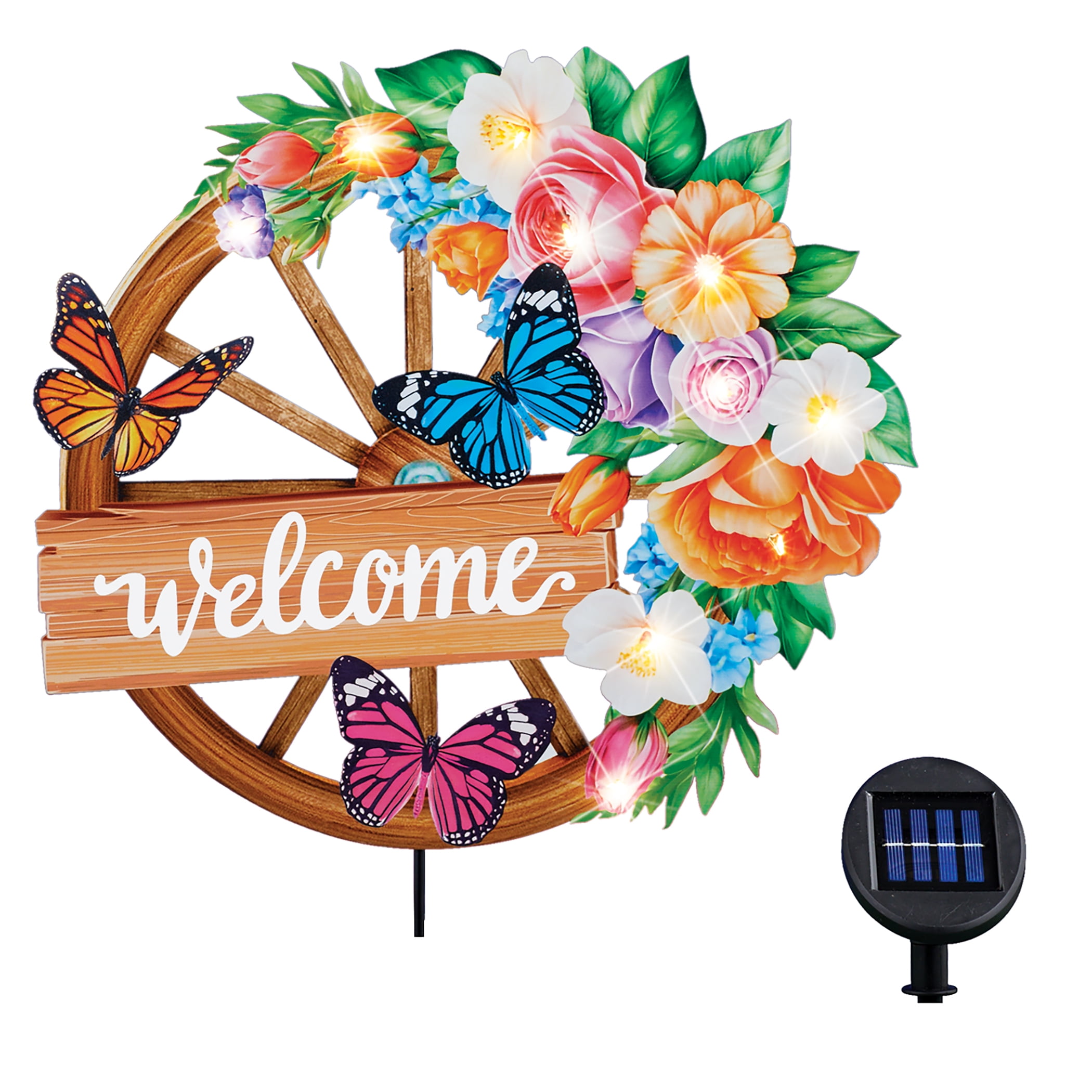 Collections Etc Solar Powered Butterfly Welcome Wagon Wheel Garden ...