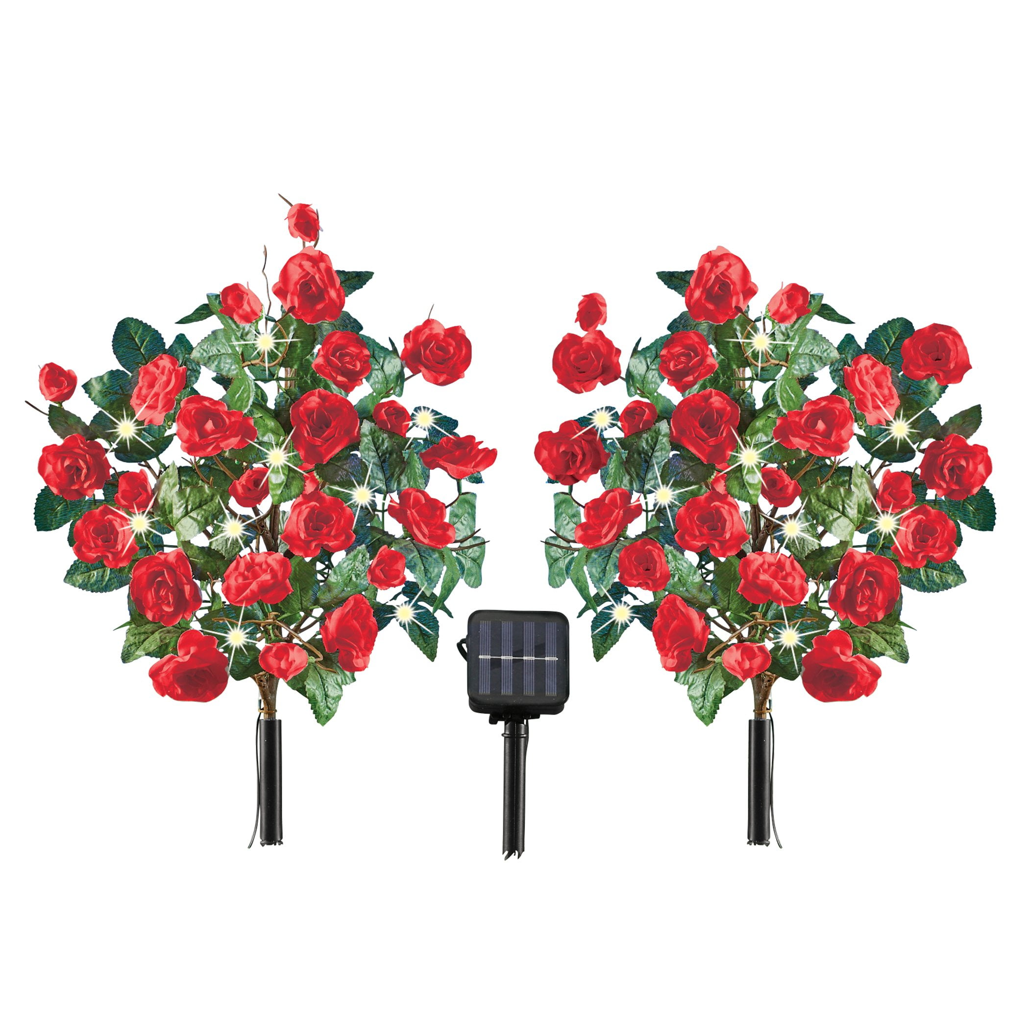 Collections Etc Solar Powered Rose Bush Garden Stakes - Set of 2 Red ...