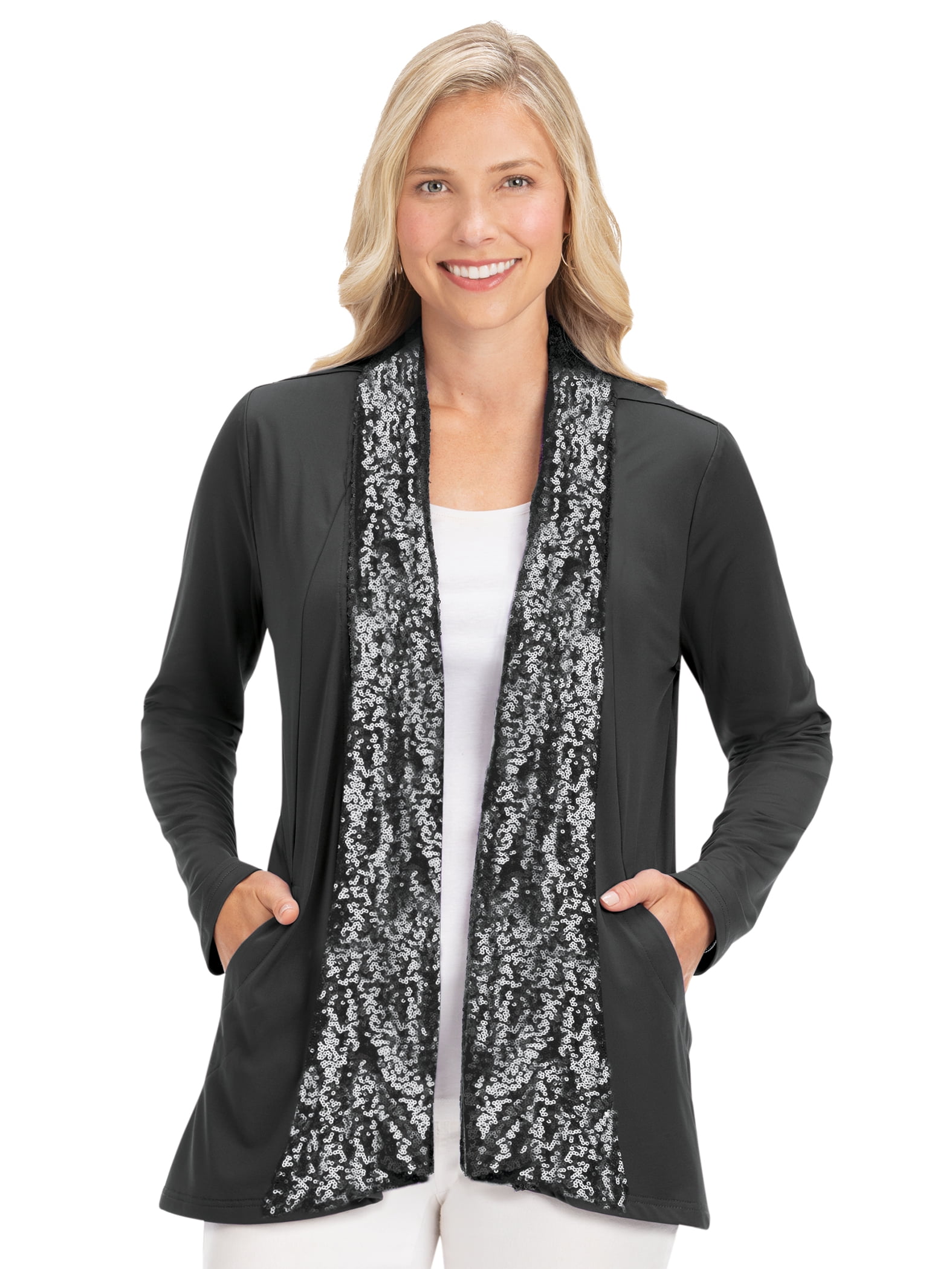 Collections Etc Sparkling Sequin Trim Open-Front Long Sleeve Jacket ...