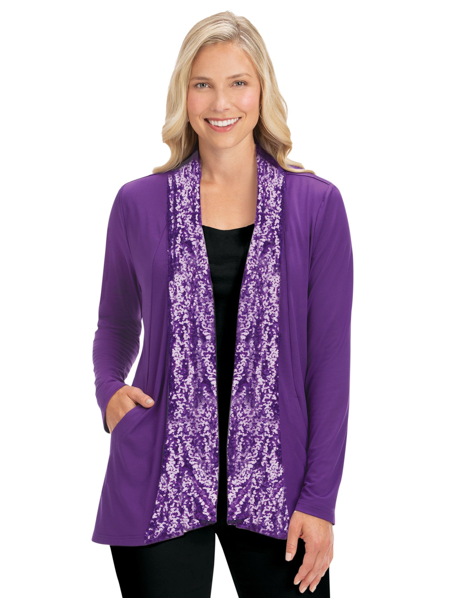 Collections Etc Sparkling Sequin Trim Open-Front Long Sleeve Jacket ...