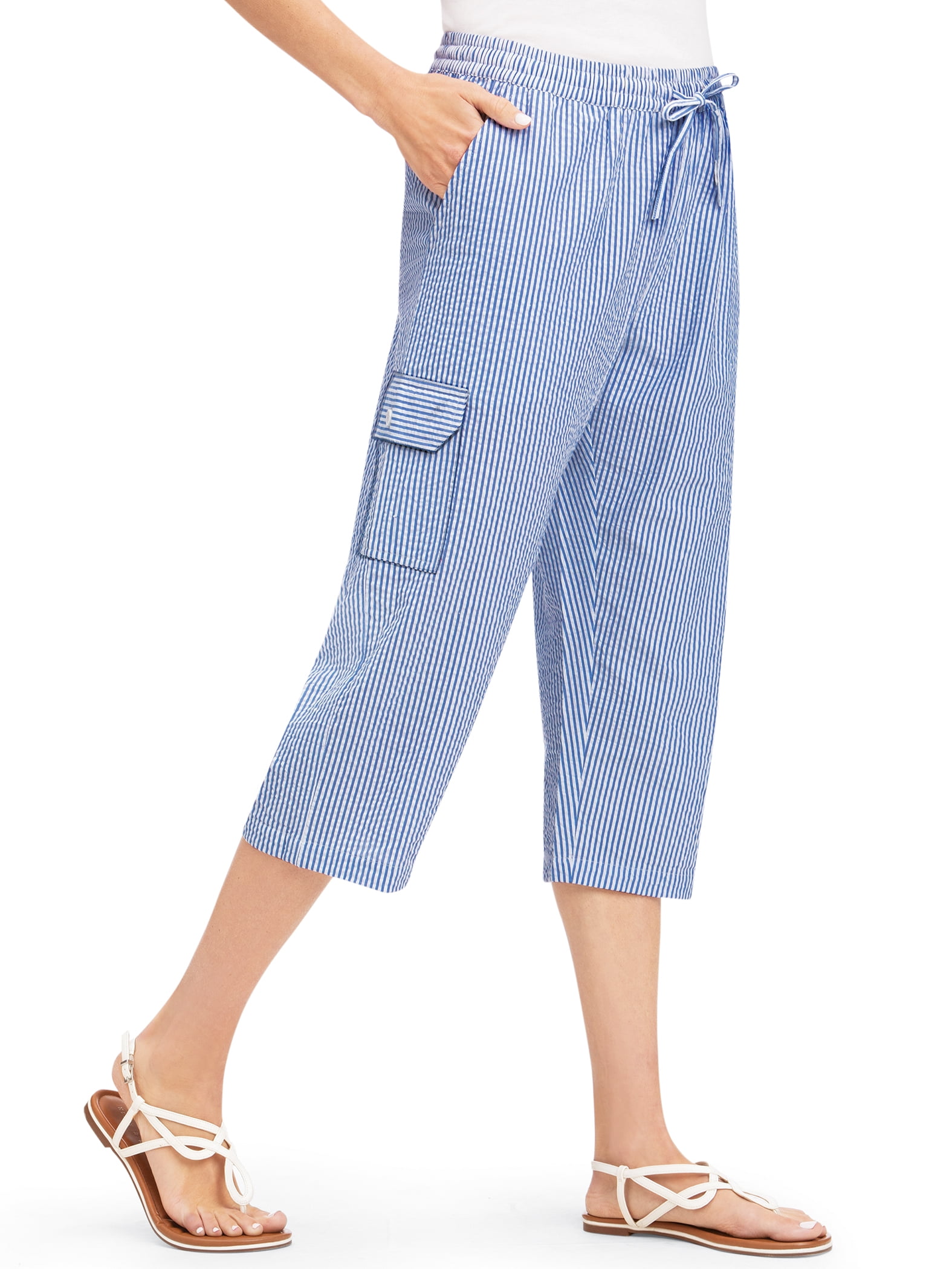 Collections Etc Striped Seersucker Drawstring Cargo Pocket Capri Pants ...