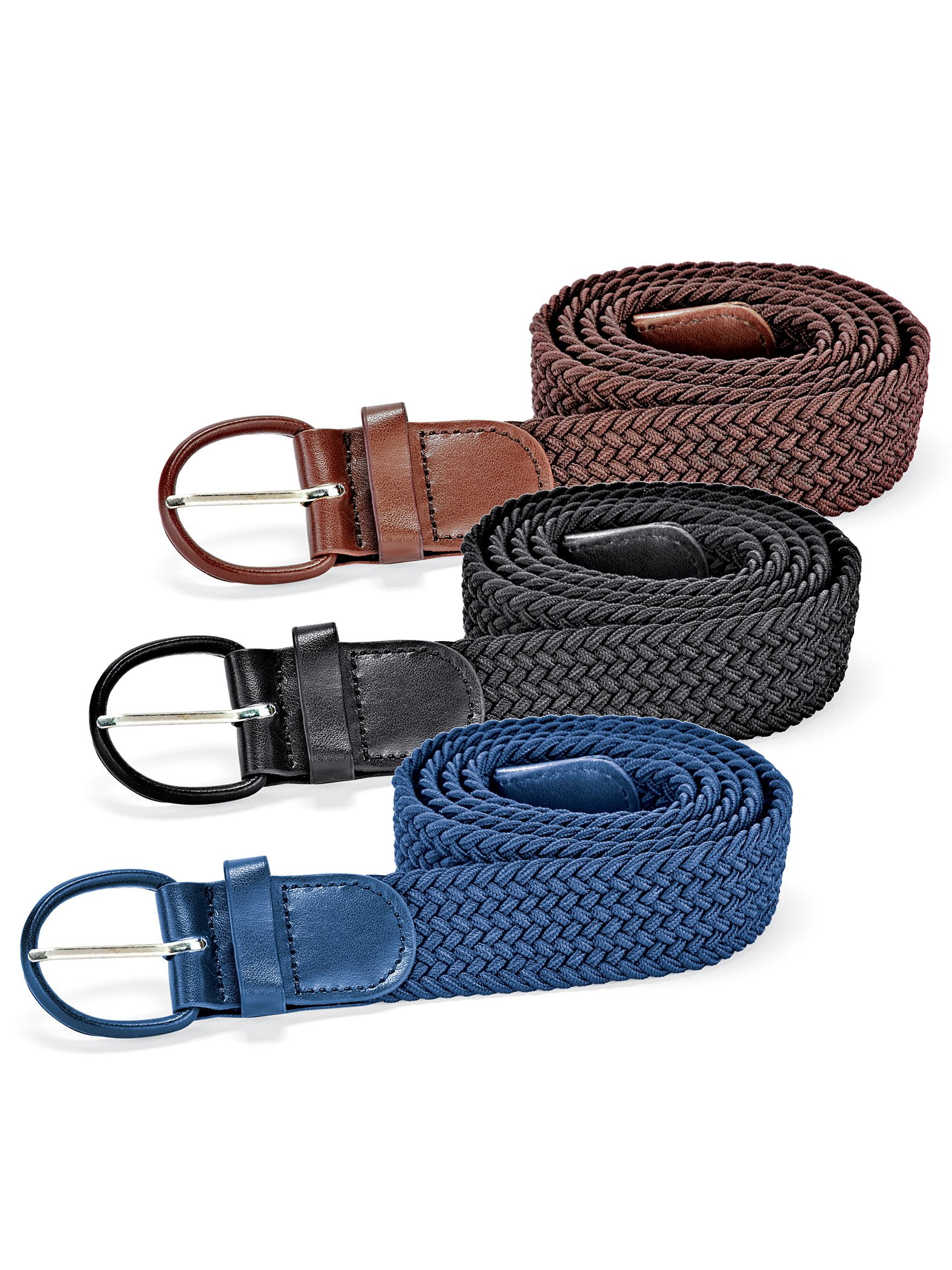 Collections Etc Stylish Braided Stretch Belts - Set of 3 | Black, Brown ...