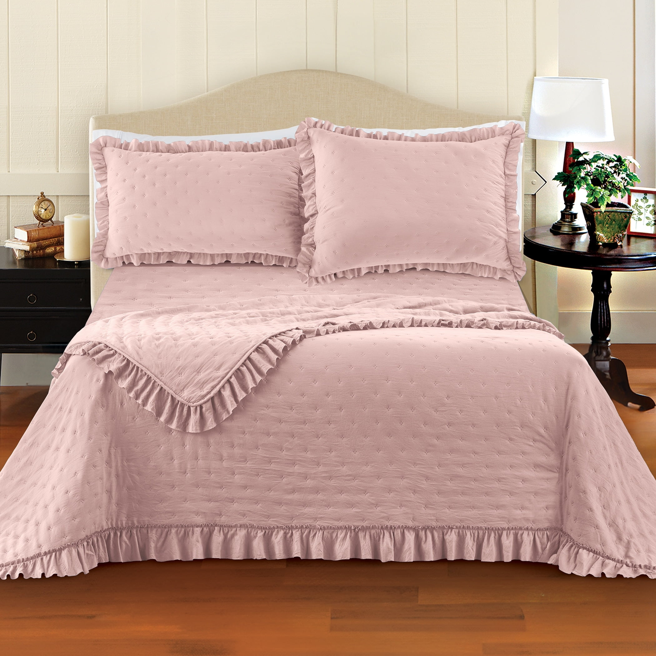 Collections Etc Textured Design Ruffled Border Solid Color Quilt Mauve ...