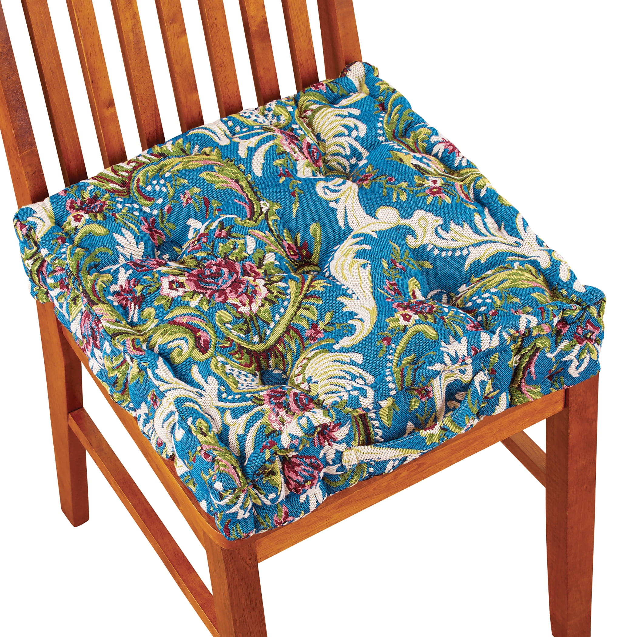Collections Etc Thick Padded Tapestry Booster Tufted Chair Cushion Blue ...