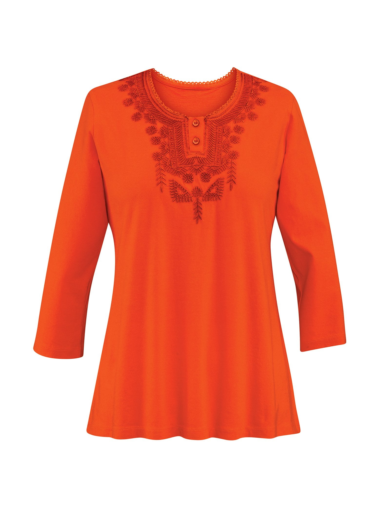 Collections Etc Tonal Embroidered 3/4 Length Sleeve Henley Top ...
