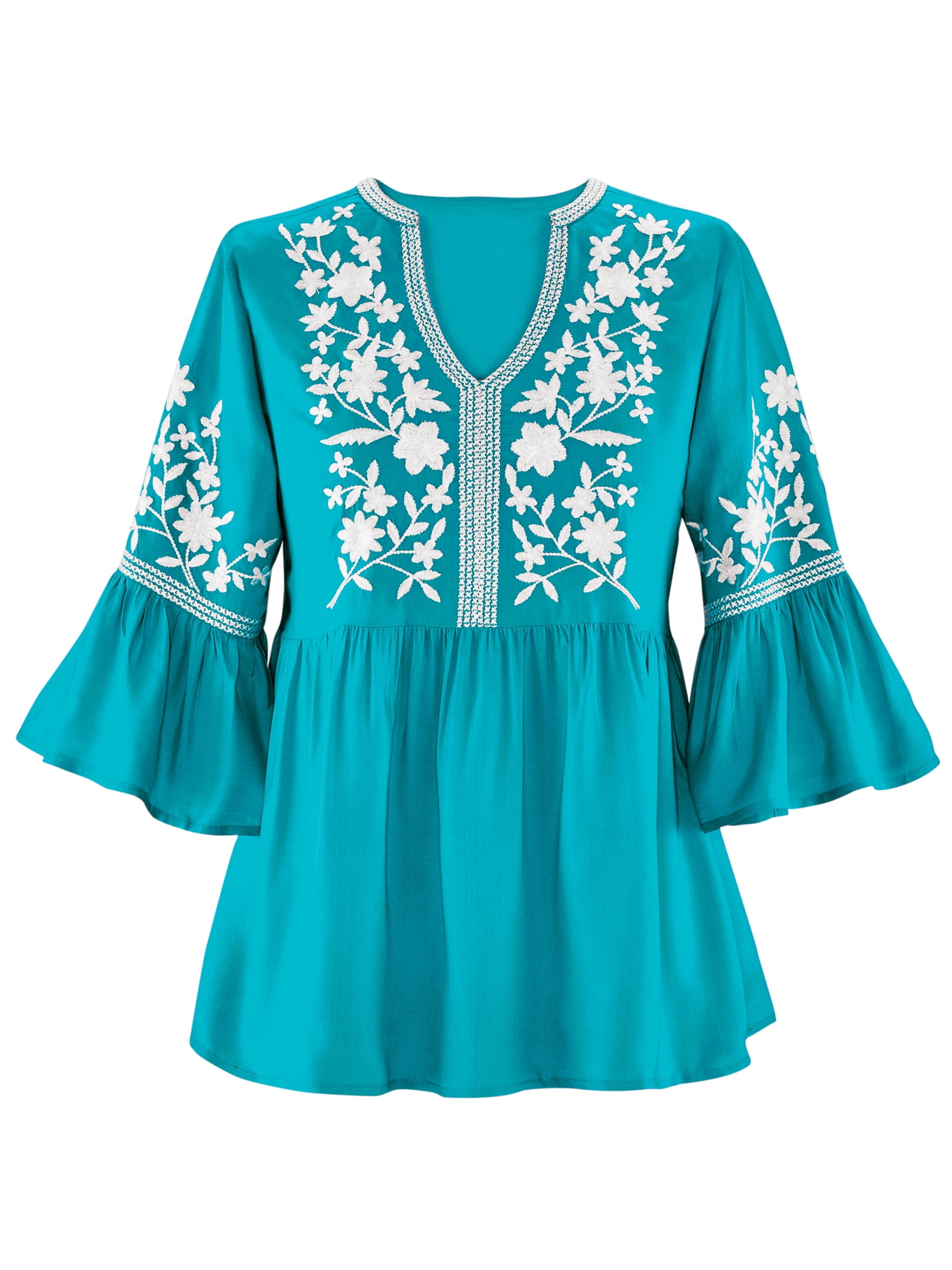 Collections Etc Tonal Embroidered V-Neck Bodice Long Sleeve Tunic Top ...