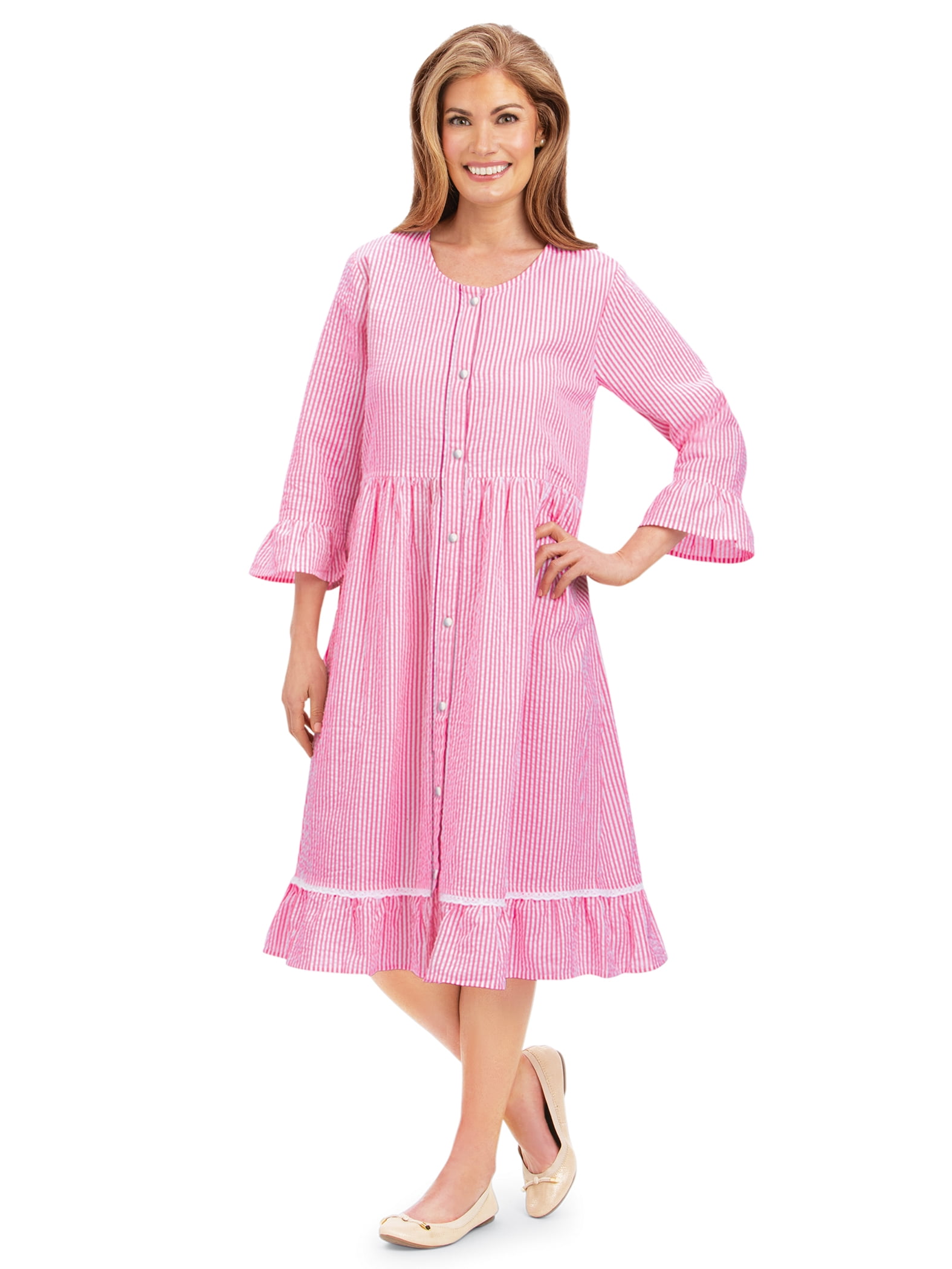 Collections Etc Women's Comfortable 3/4 Sleeve Seersucker Full Button ...