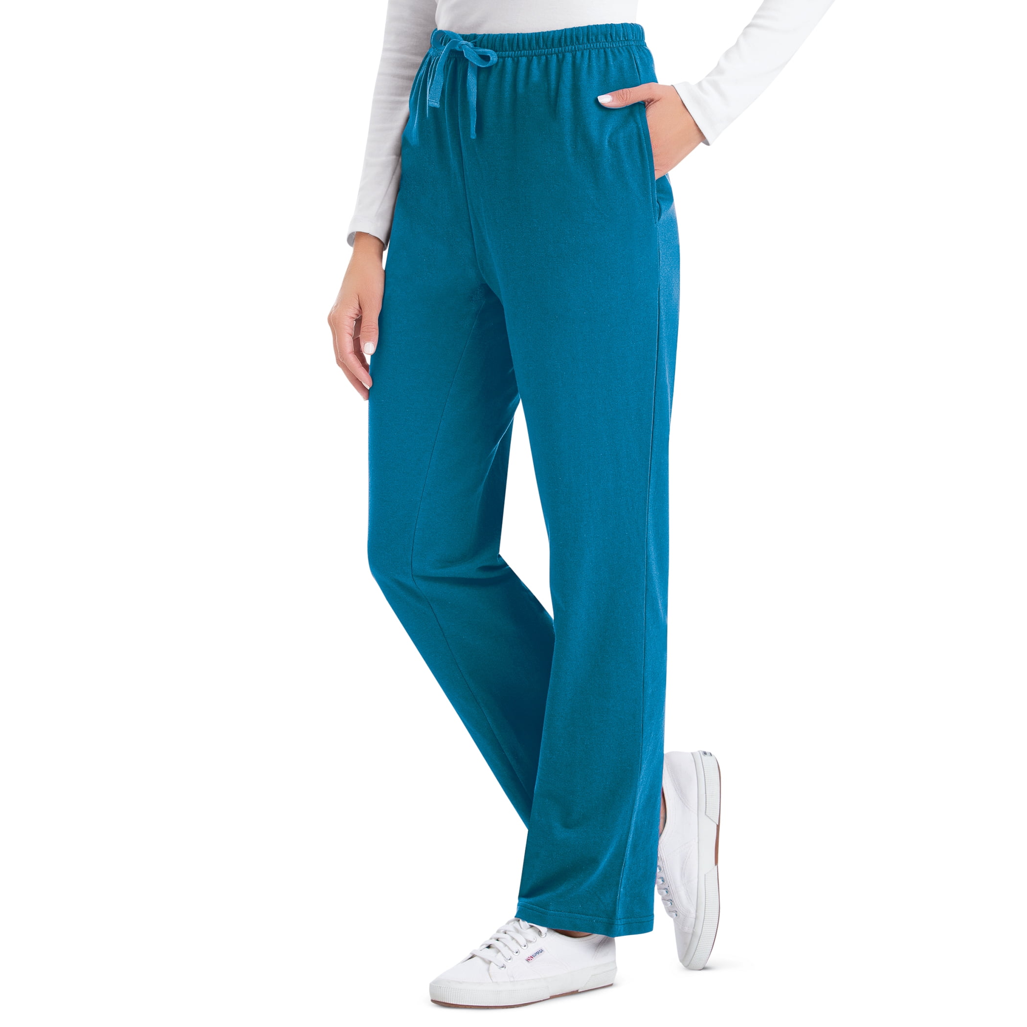 Collections Etc Womens Comfortable Elastic Waist Cotton Drawstring Knit Pants Teal Medium