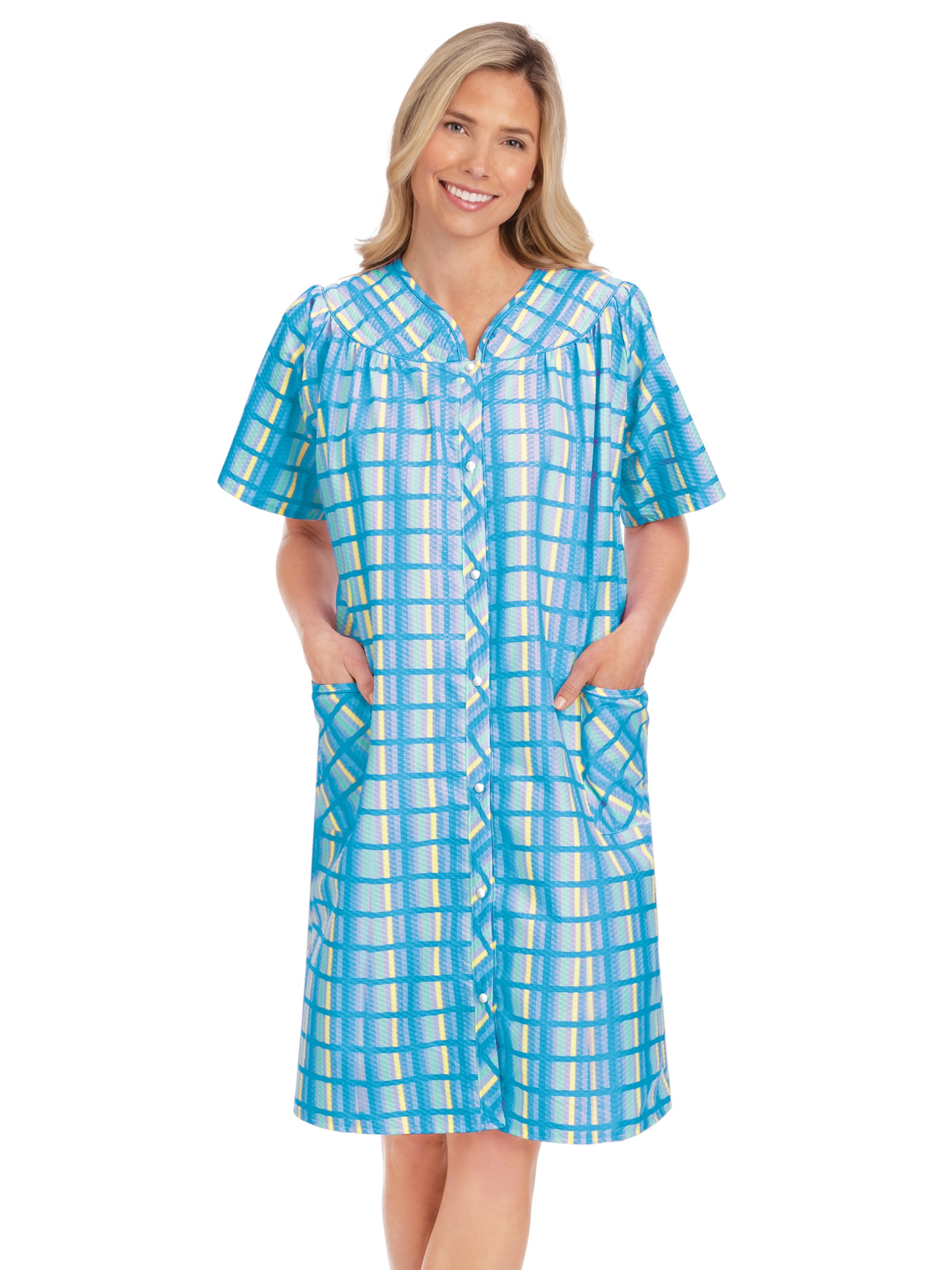 Collections Etc Women's Comfortable Plaid Snap Front Short Sleeve Robe ...