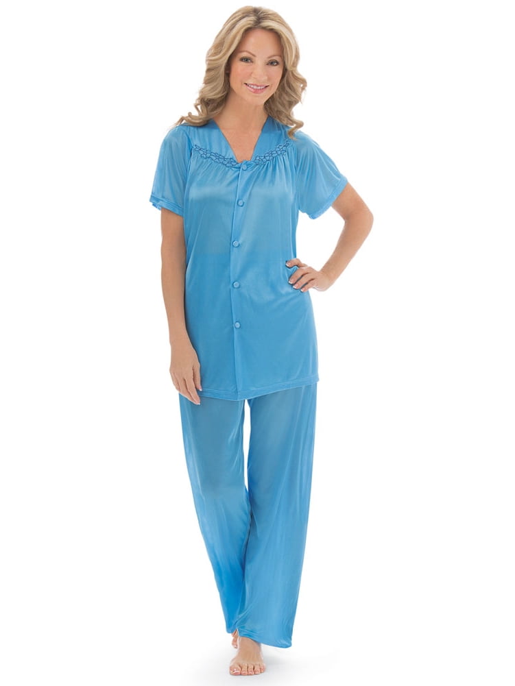 Collections Etc Womens Floral Embroidery Tricot Pajama Set Blue
