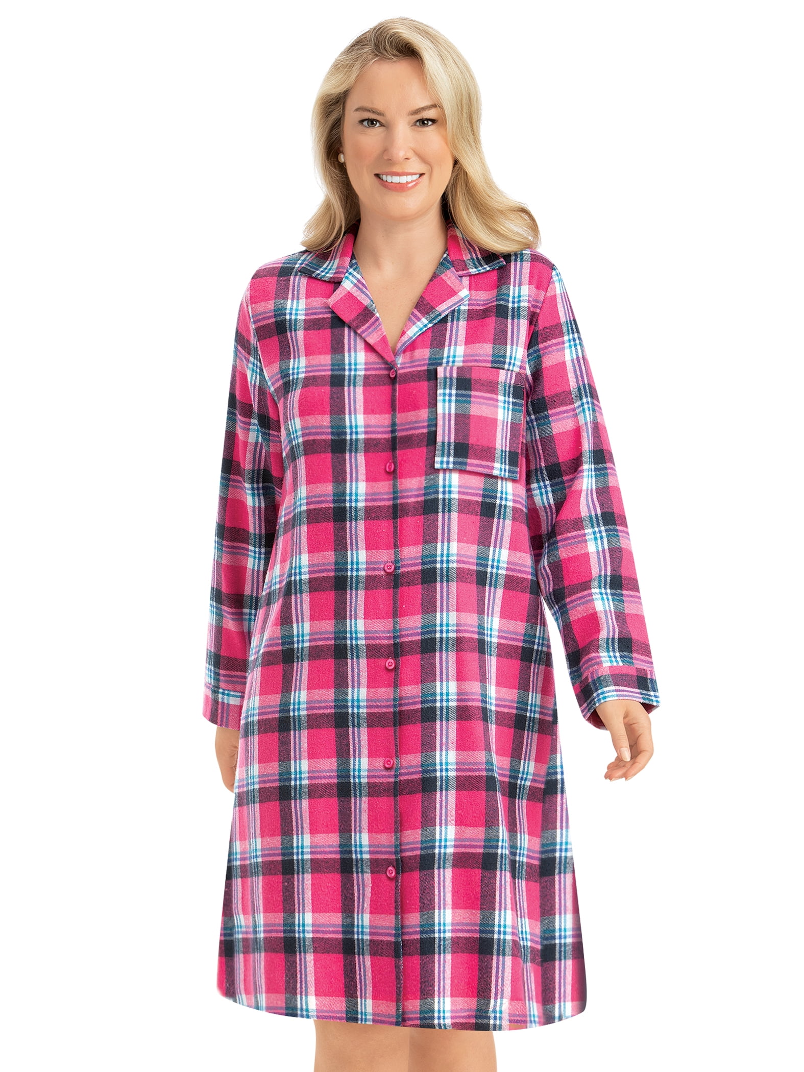 Collections Etc Women's Ladies Long Sleeve Plaid Flannel Nightshirt ...