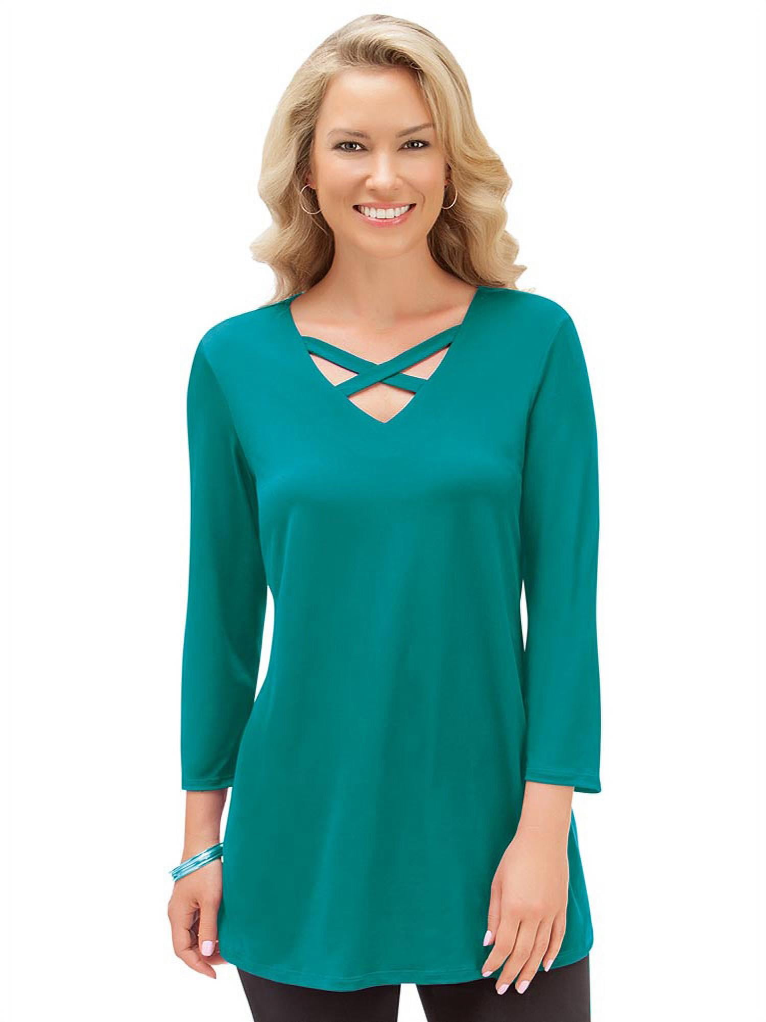 Collections Etc Women's Lattice V-Neck 3/4 Sleeve Long Tunic Top, Made ...