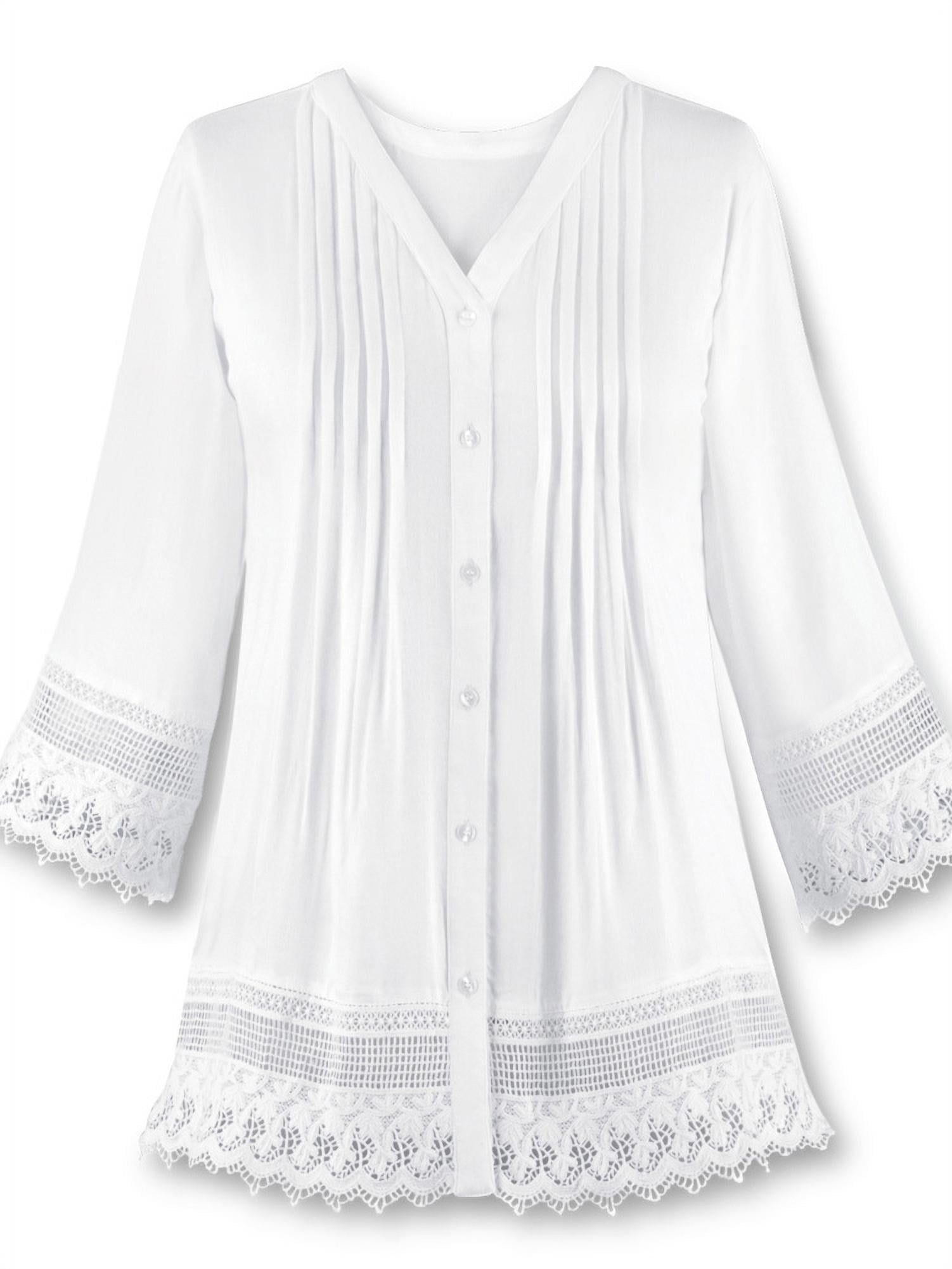 Collections Etc Women's Pintuck Lace Trim Button Down V-Neck Tunic ...