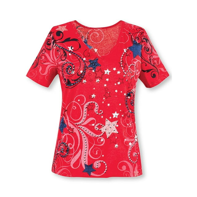 Collections Etc Women's Red Stars and Scroll Top with Sparkling Sequins ...
