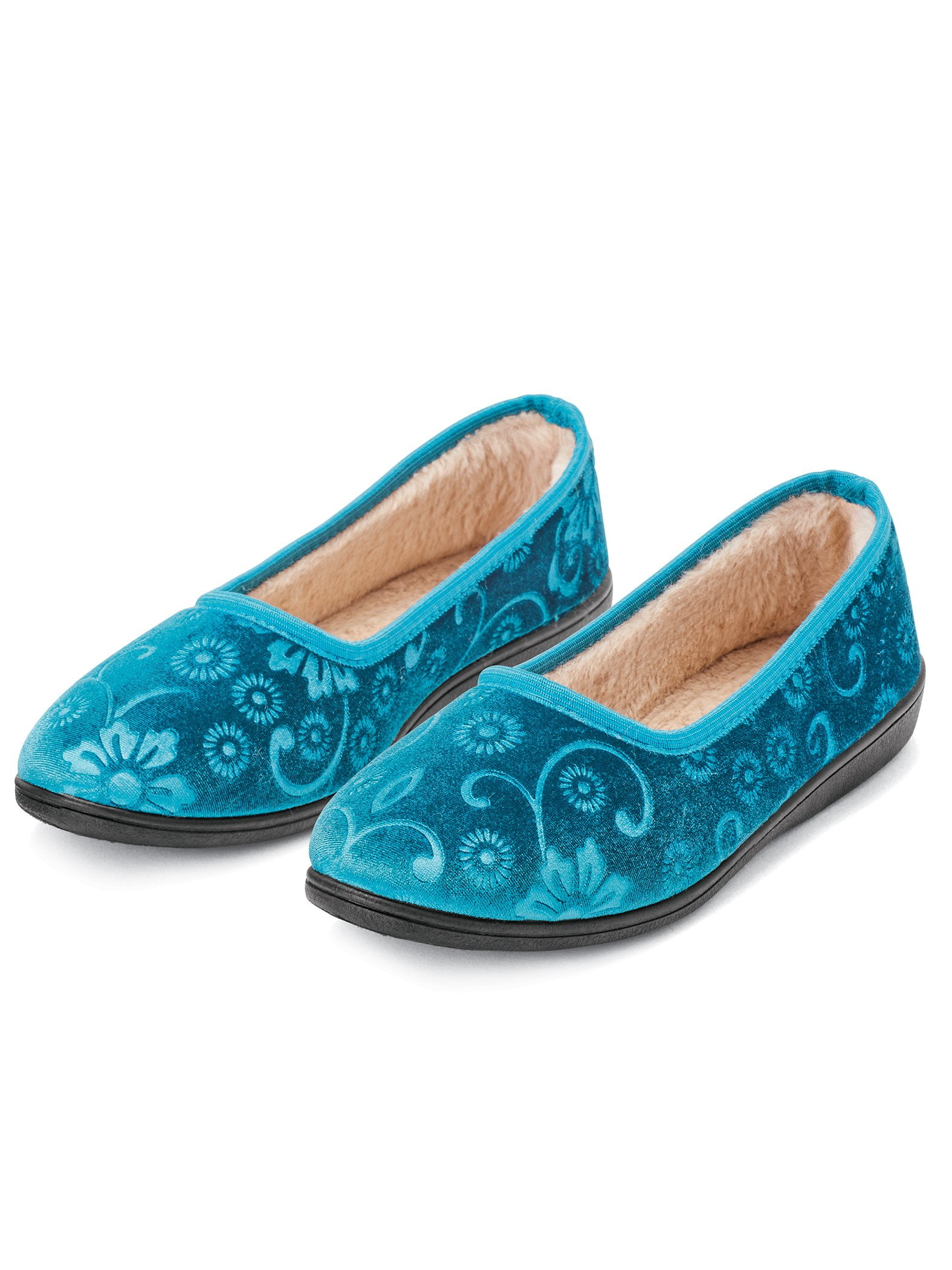 Collections Etc Women's Velvet Floral Embossed Skid-Resistant Slippers ...