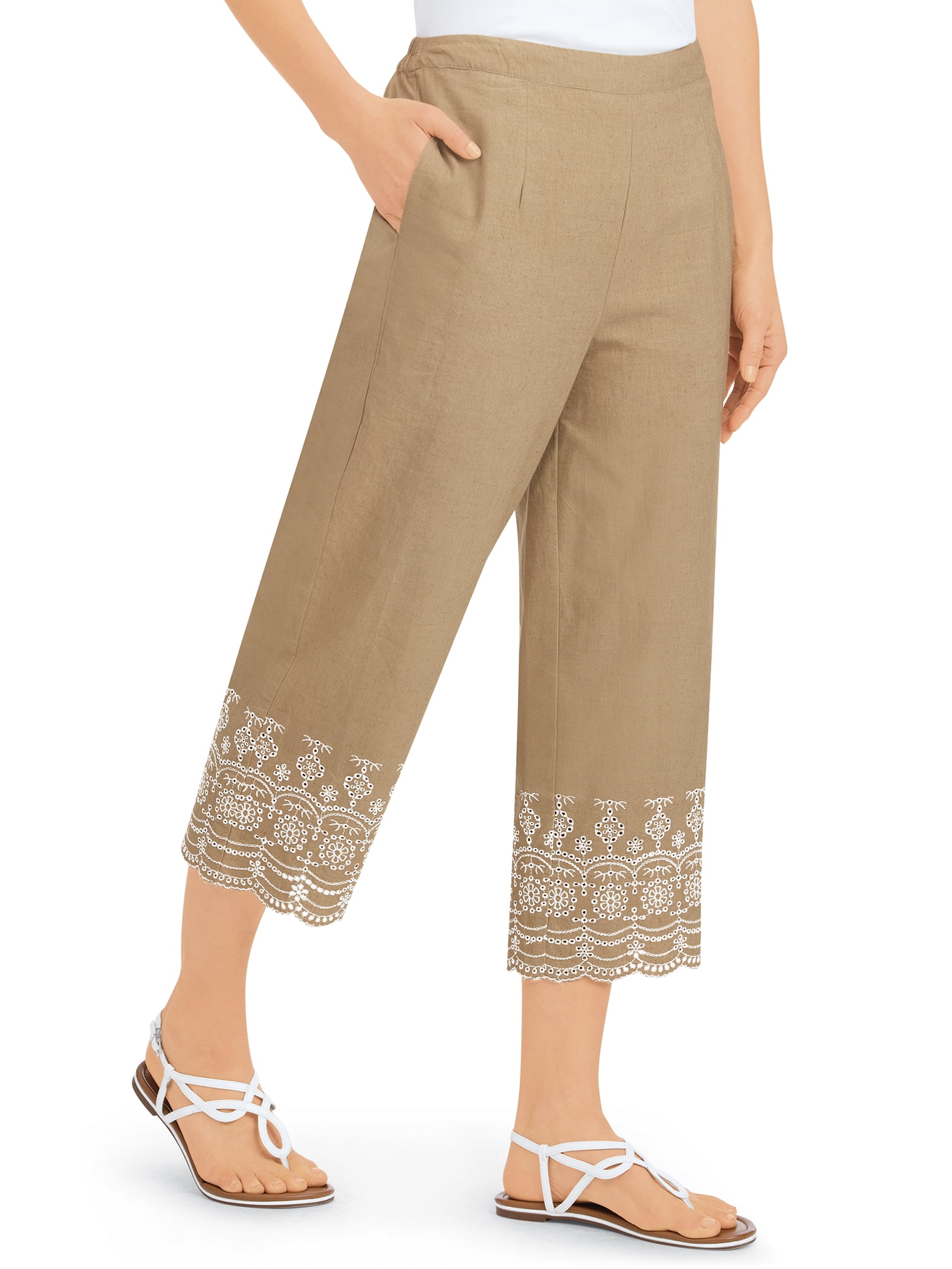 Collections Etc Women's White Floral Embroidered Pull-On Elasticized ...