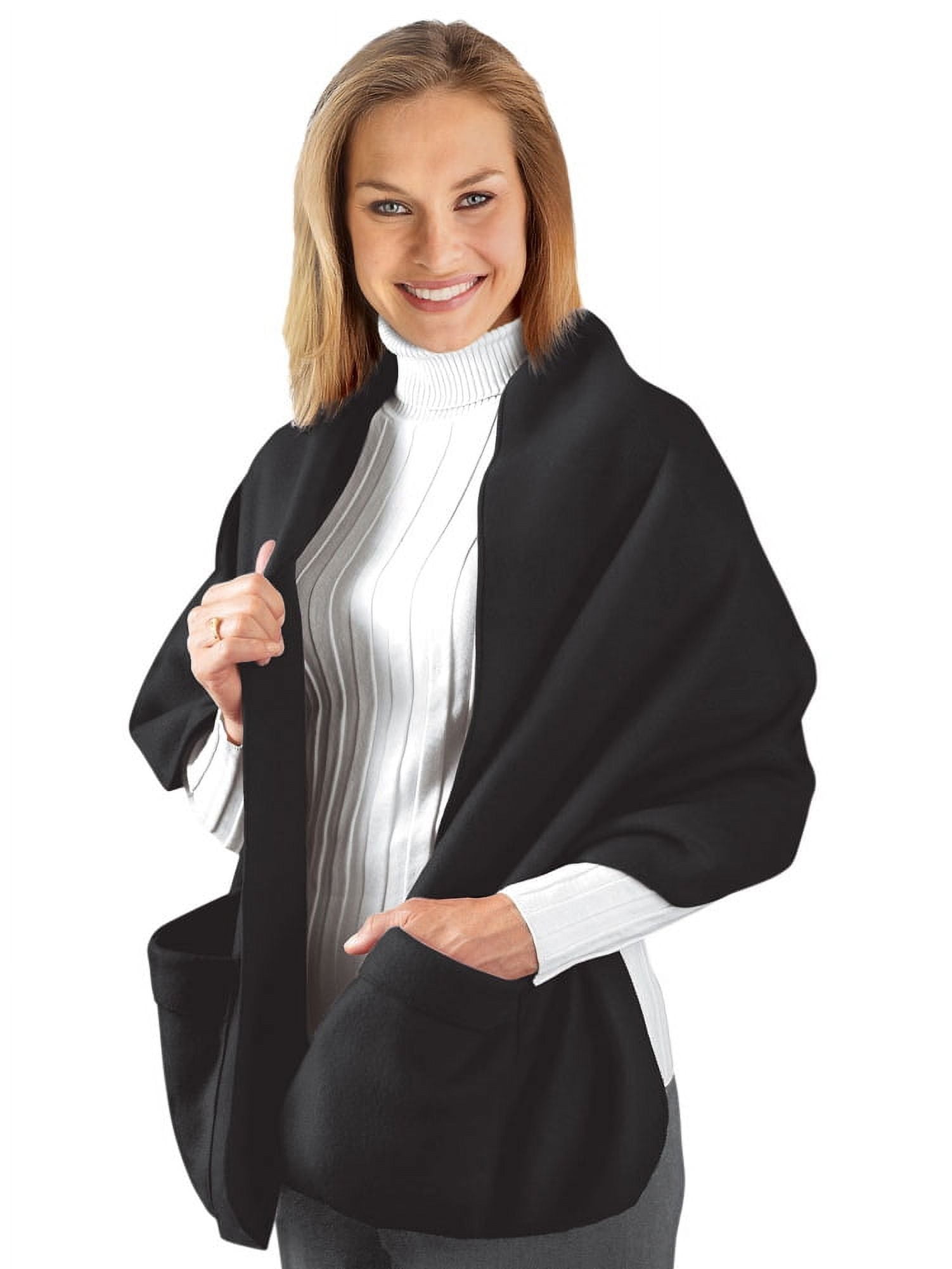 "Collections Etc Large Cozy Fleece Wrap Shawl with Pockets, Black, 66 ...