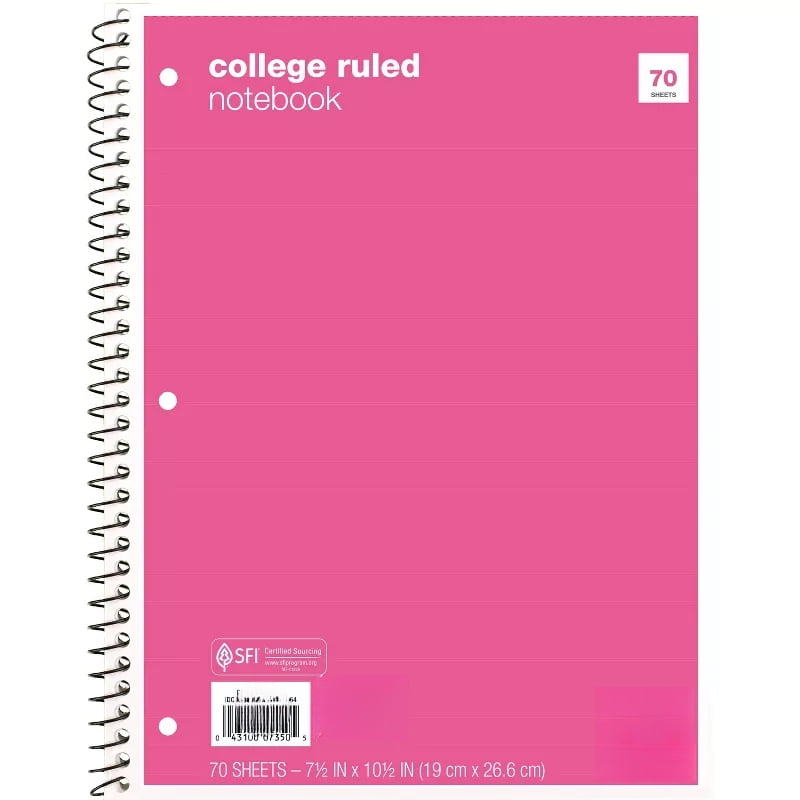 College Ruled 1 Subject Flexible Paperboard Cover Spiral Notebook - ub ...