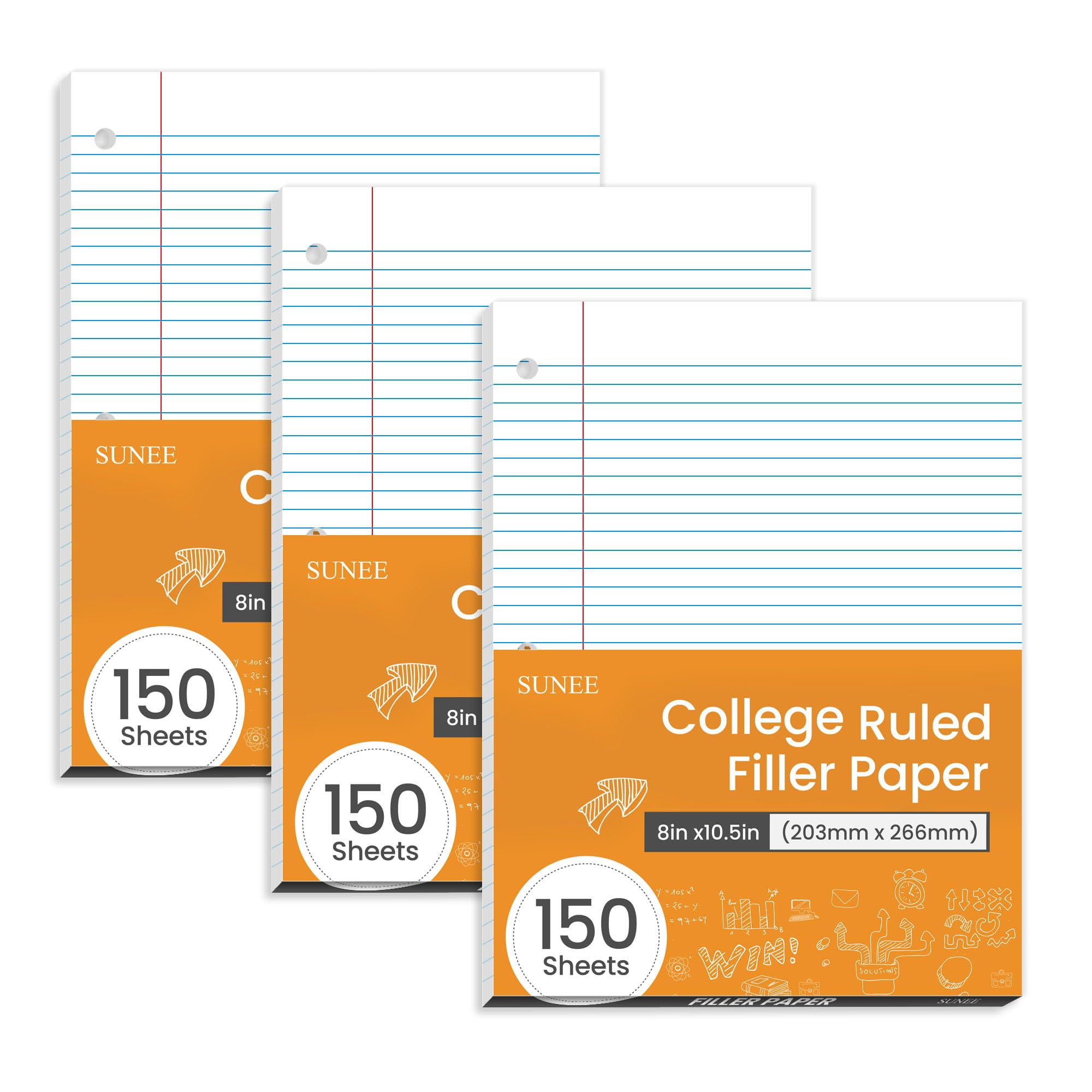 College Ruled Loose Leaf Paper, 3 Pack 450 Sheets, 8 x 10.5 Inch Filler ...