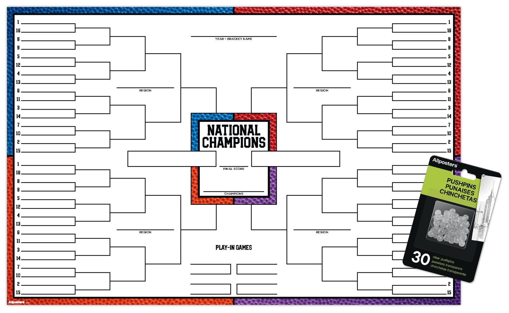 Collegiate - 68 Team Bracket Wall Poster with Push Pins, 14.725" x 22. ...