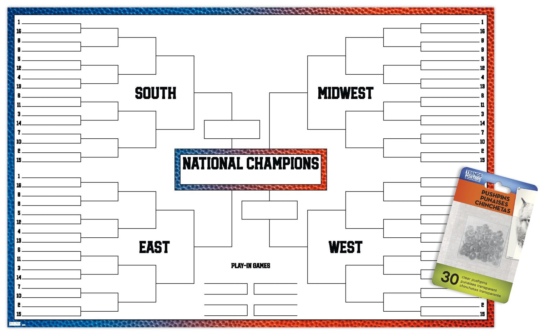 Collegiate - 68 Team Bracket Wall Poster with Push Pins, 14.725" x 22. ...