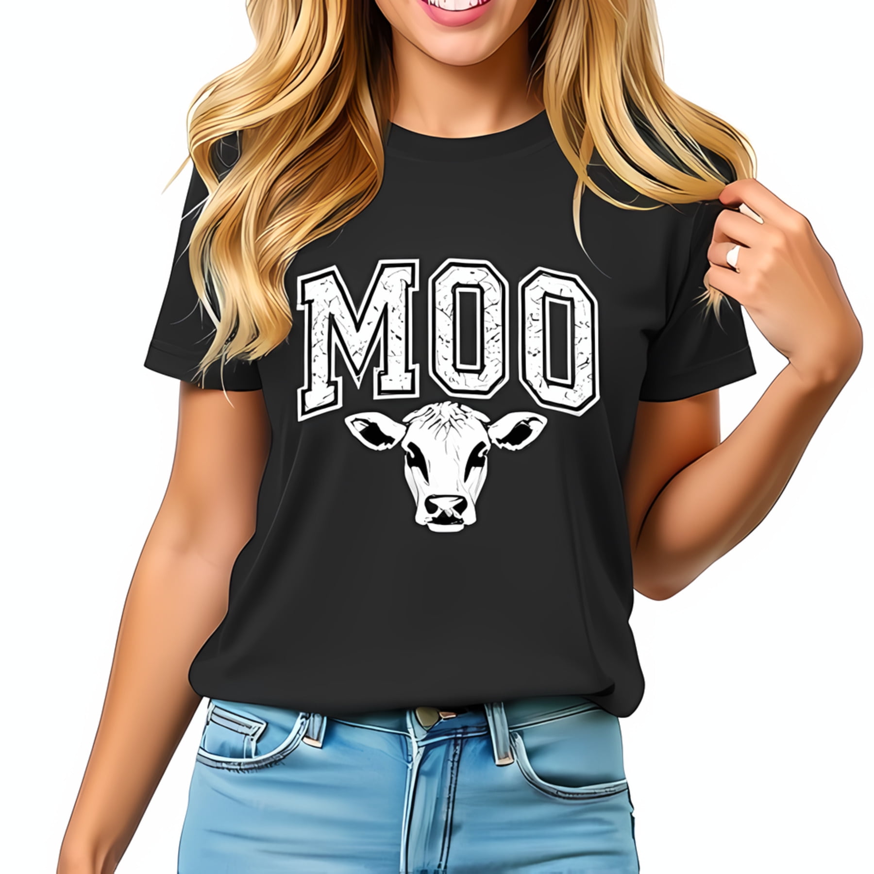 Collegiate-Style 'MOO' Graphic Cotton Short Sleeve T-Shirt with Cow ...
