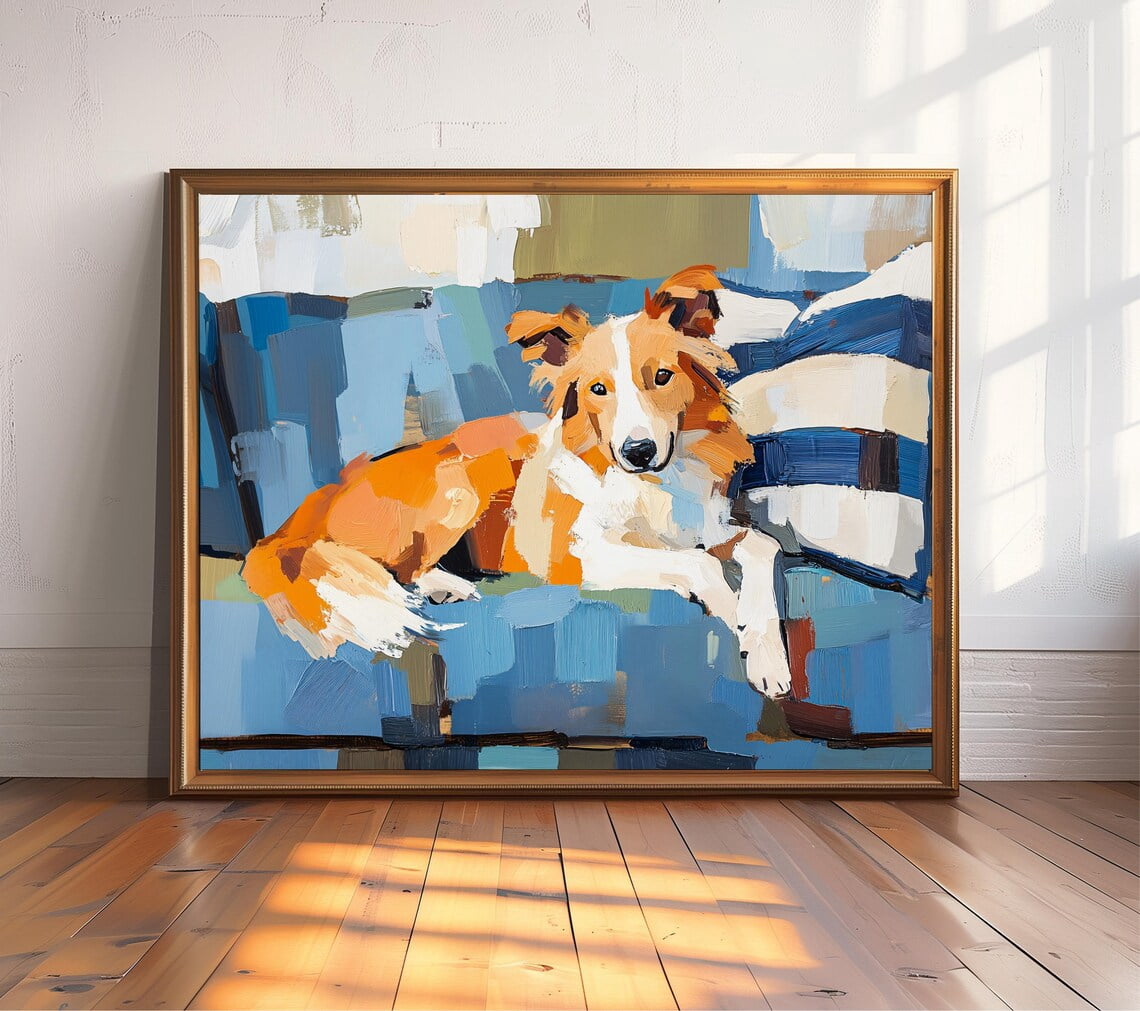 Collie Dog Orange White Blue Couch Brush Stroke Unframed Paper Print ...