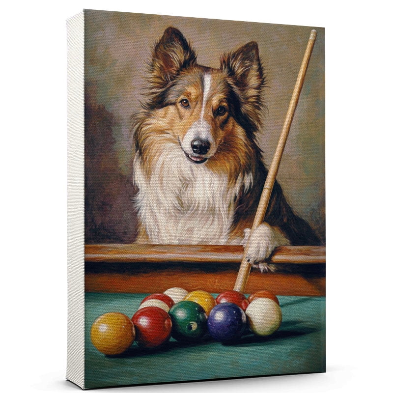 Collie Dog Playing Billiards Stretched Canvas Size 8x12 – Vintage Style ...