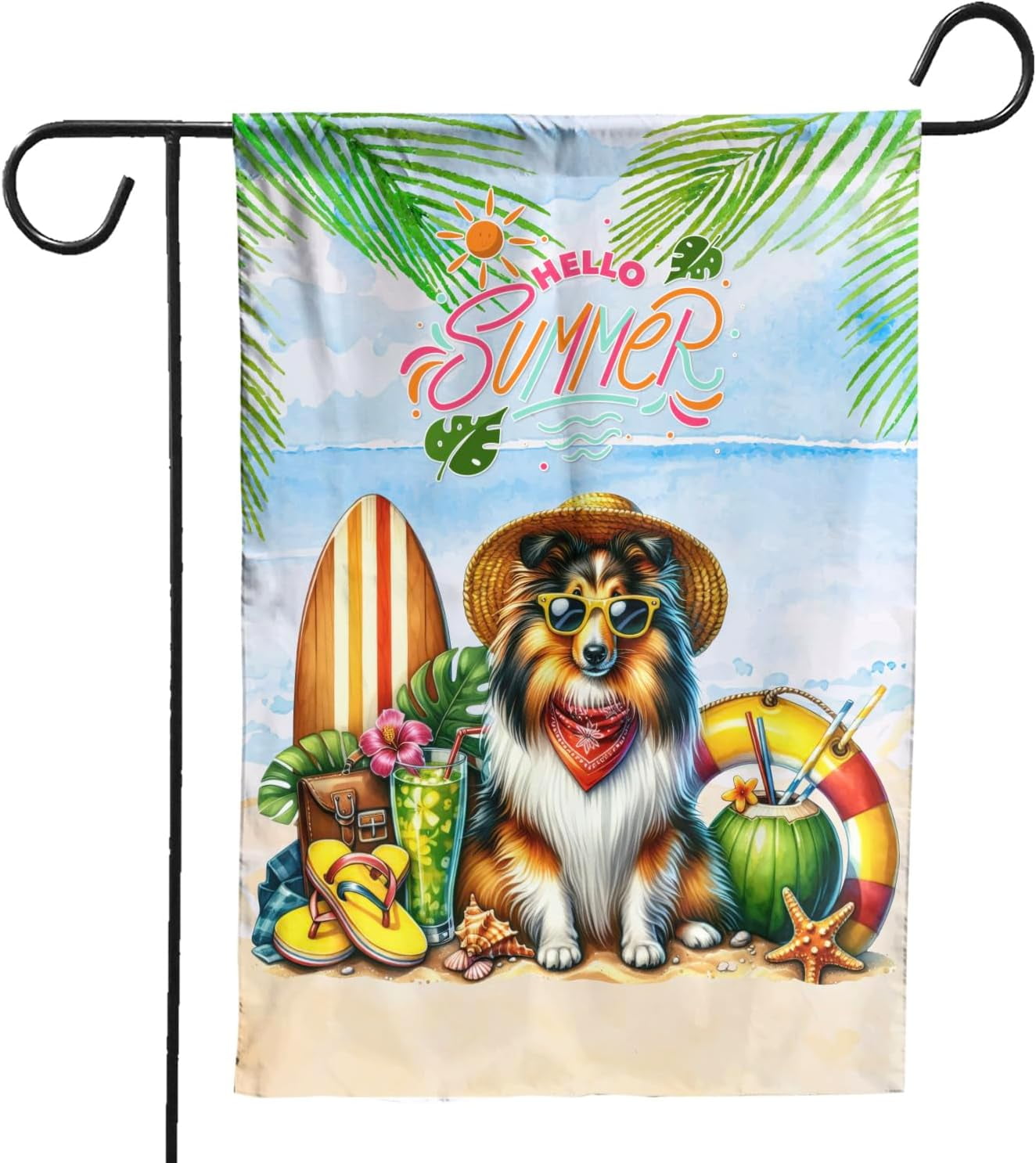 Collie Hello Summer with Sunglasses and Surfboard Tropical Vibes Garden ...