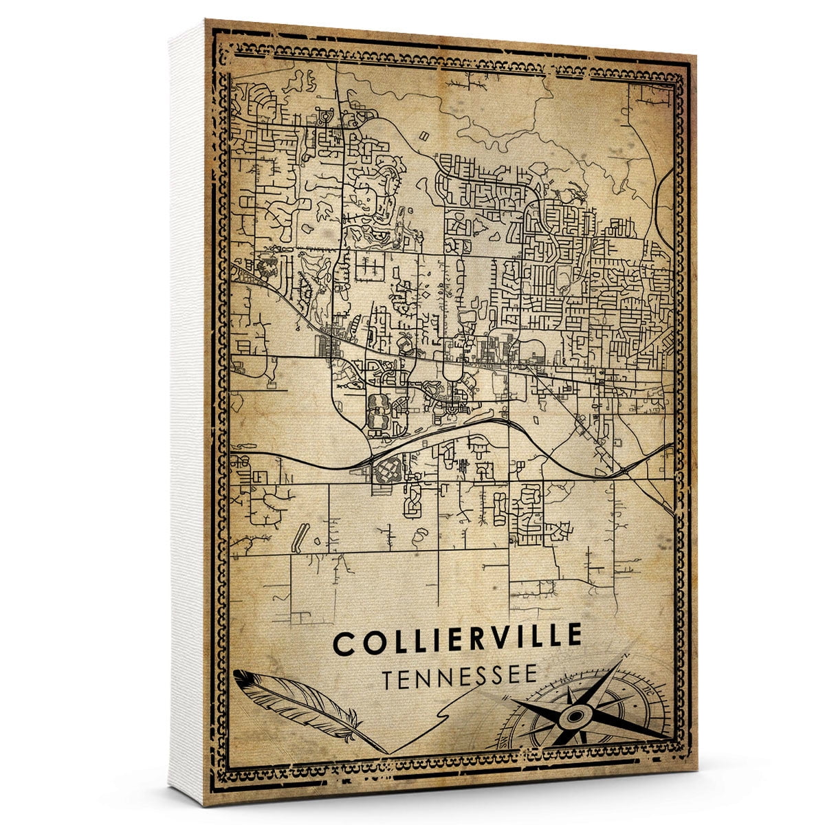 Collierville Vintage Map Prints Canvas, Tennessee Map Art Canvas ...