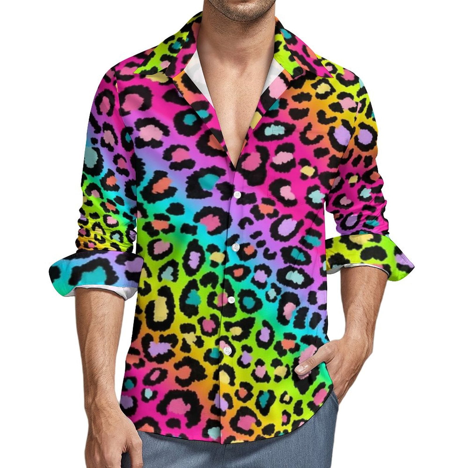 Colofrul Rainbow Leopard Hawaiian Shirt for Men Long Sleeve Button Down ...