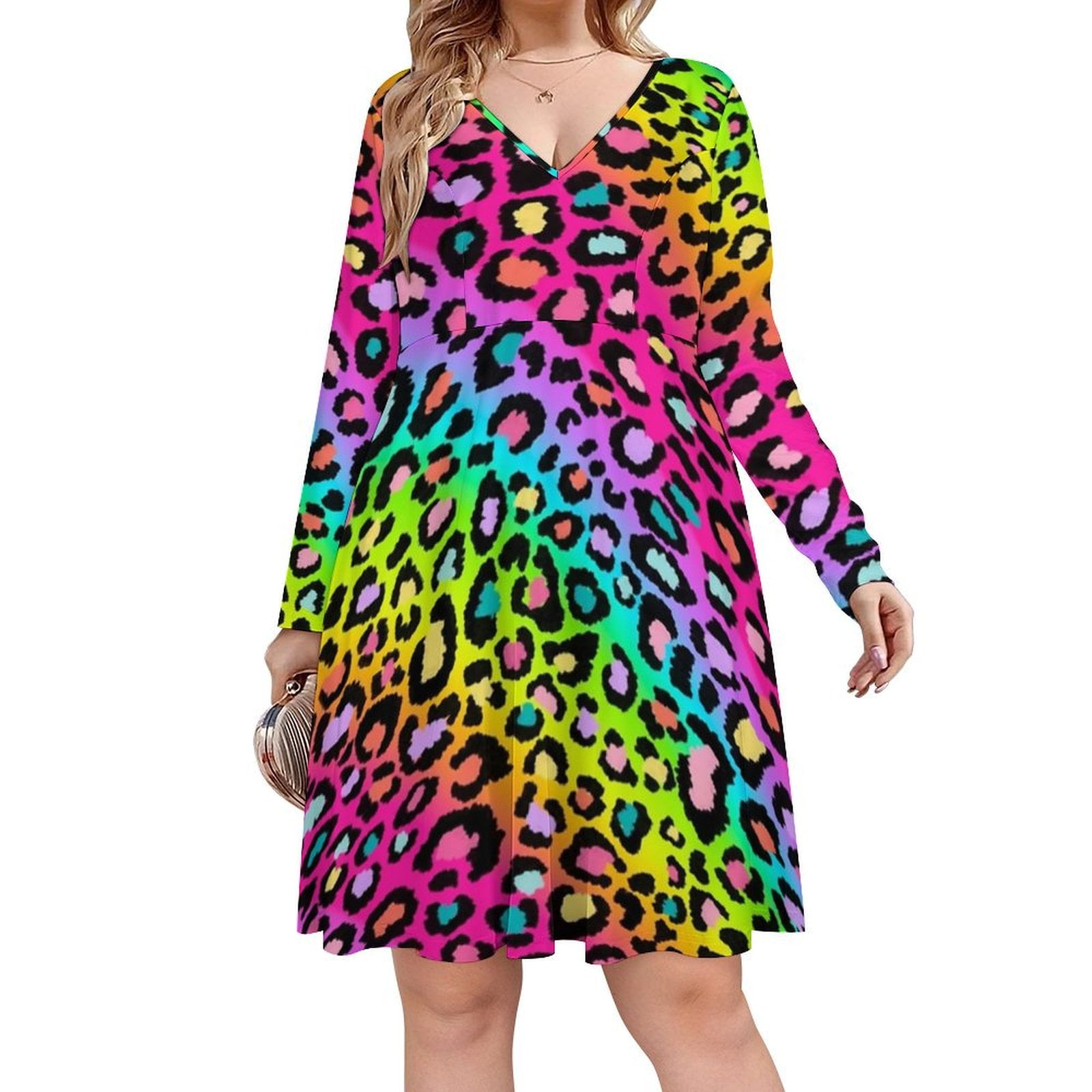 Colofrul Rainbow Leopard Long Sleeve Dresses For Women Vintage Elegant ...