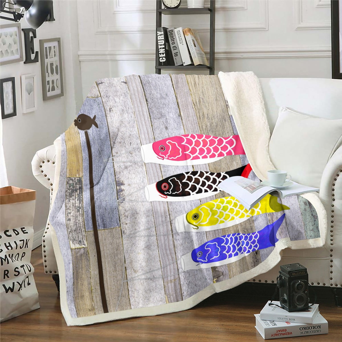 Coloful Fish Throw Blanket, Rustic Farmhouse Cabin Decor Fleece Blanket ...