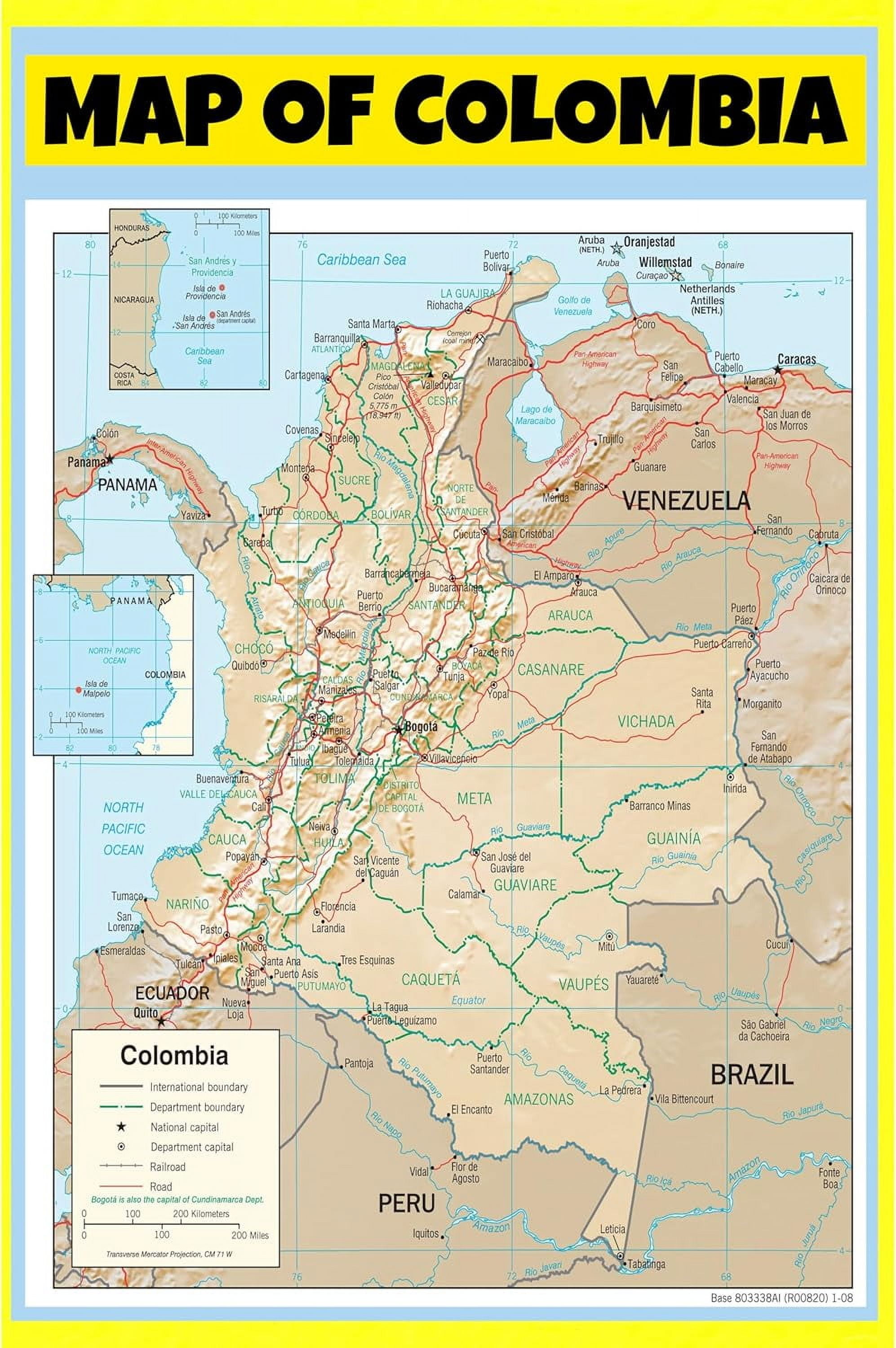 Colombia Map Poster - Laminated Wall Map - 18x24 - Ideal for Classrooms ...