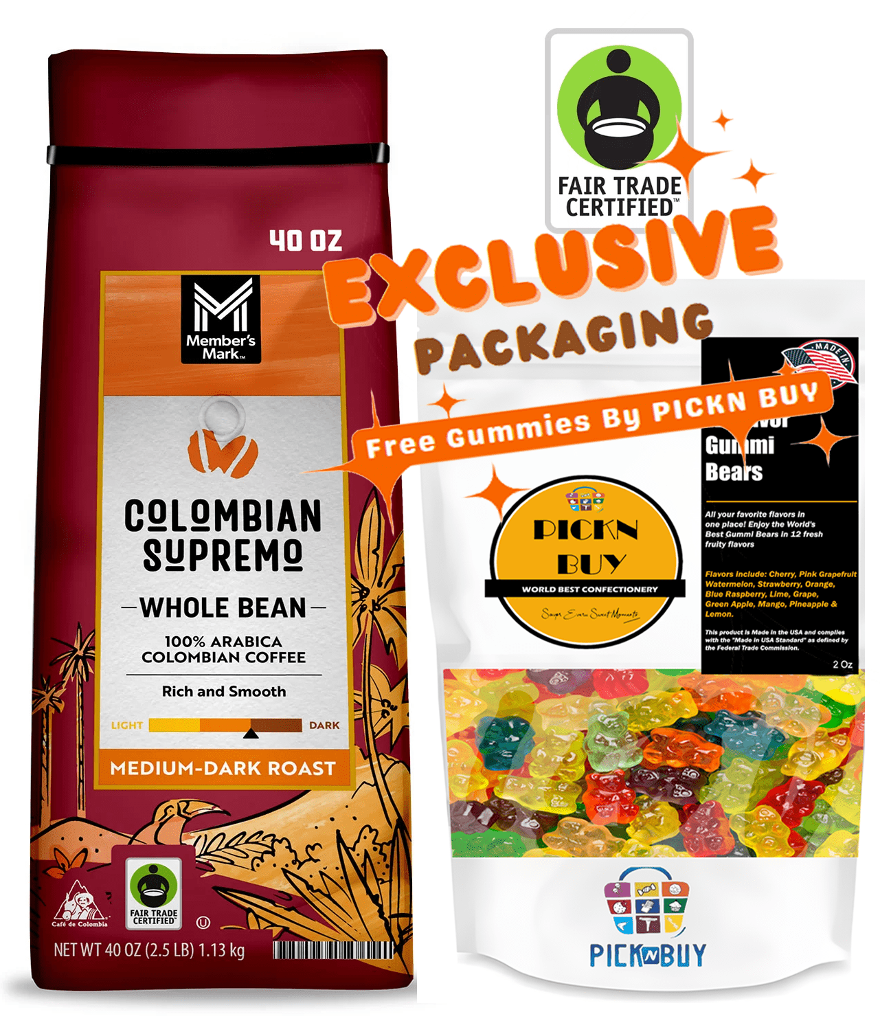 Colombian Supremo Whole Bean Coffee, 40 oz. (With Free Gummies By PICKN ...