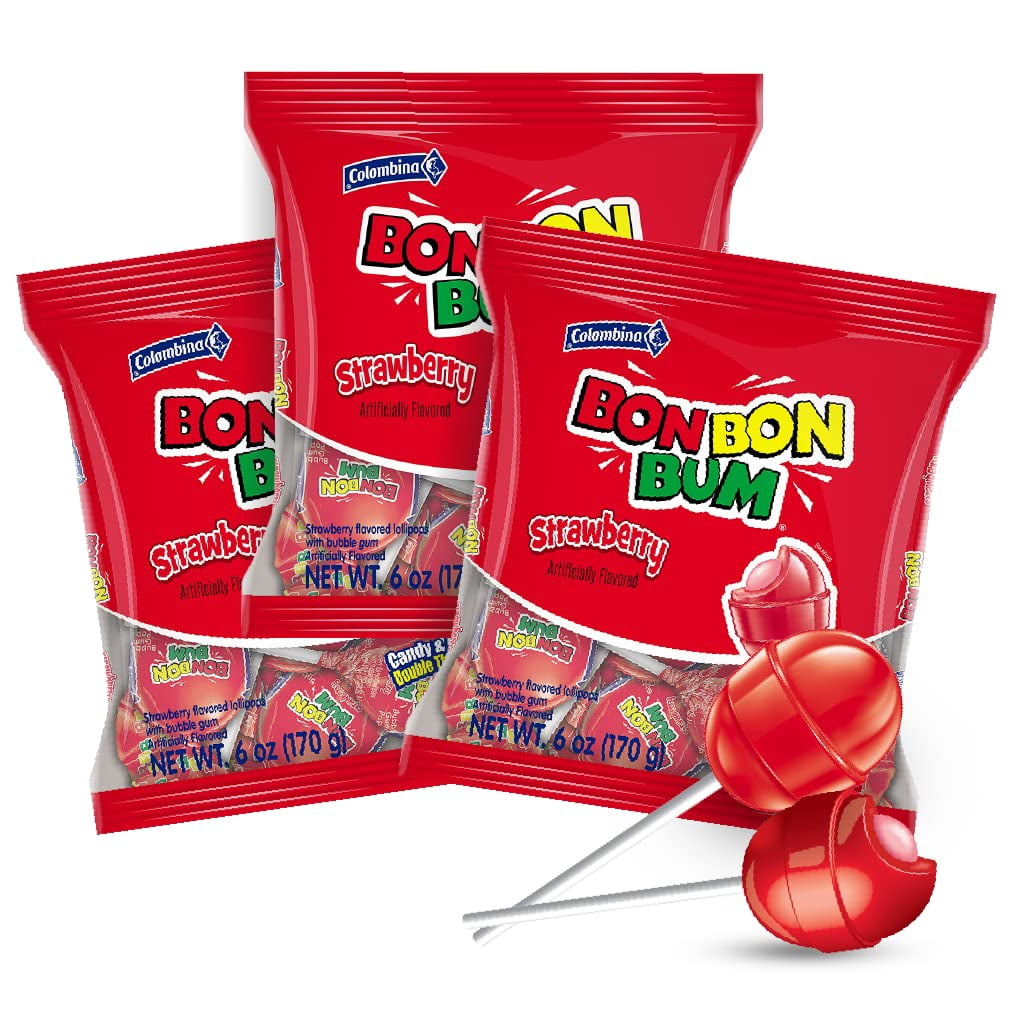 Colombina Bon Bon Bum Classic Lollipops - Sweet Strawberry with Chewy ...