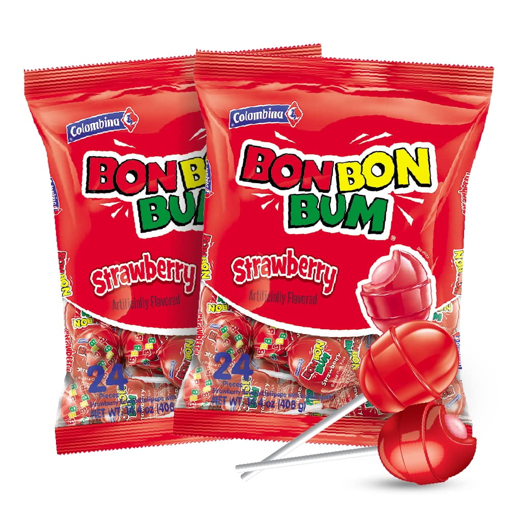 Colombina Bon Bon Bum Hard Candy Bubble Gum Filled Lollipops 24 Count ...