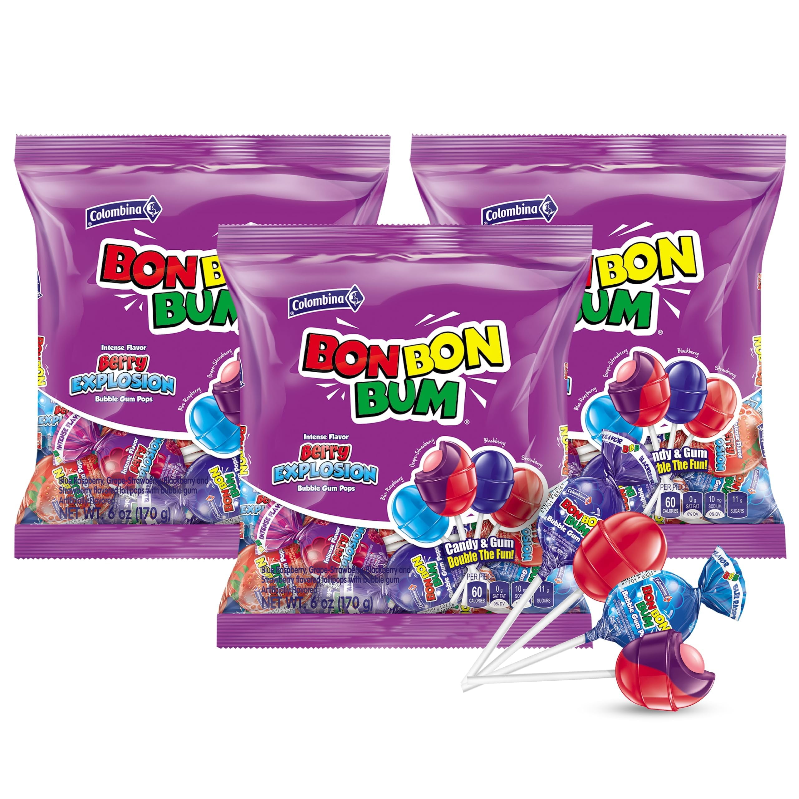 Colombina Bon Bon Bum Lollipops w/Bubble Gum Center, Berry Explosion ...