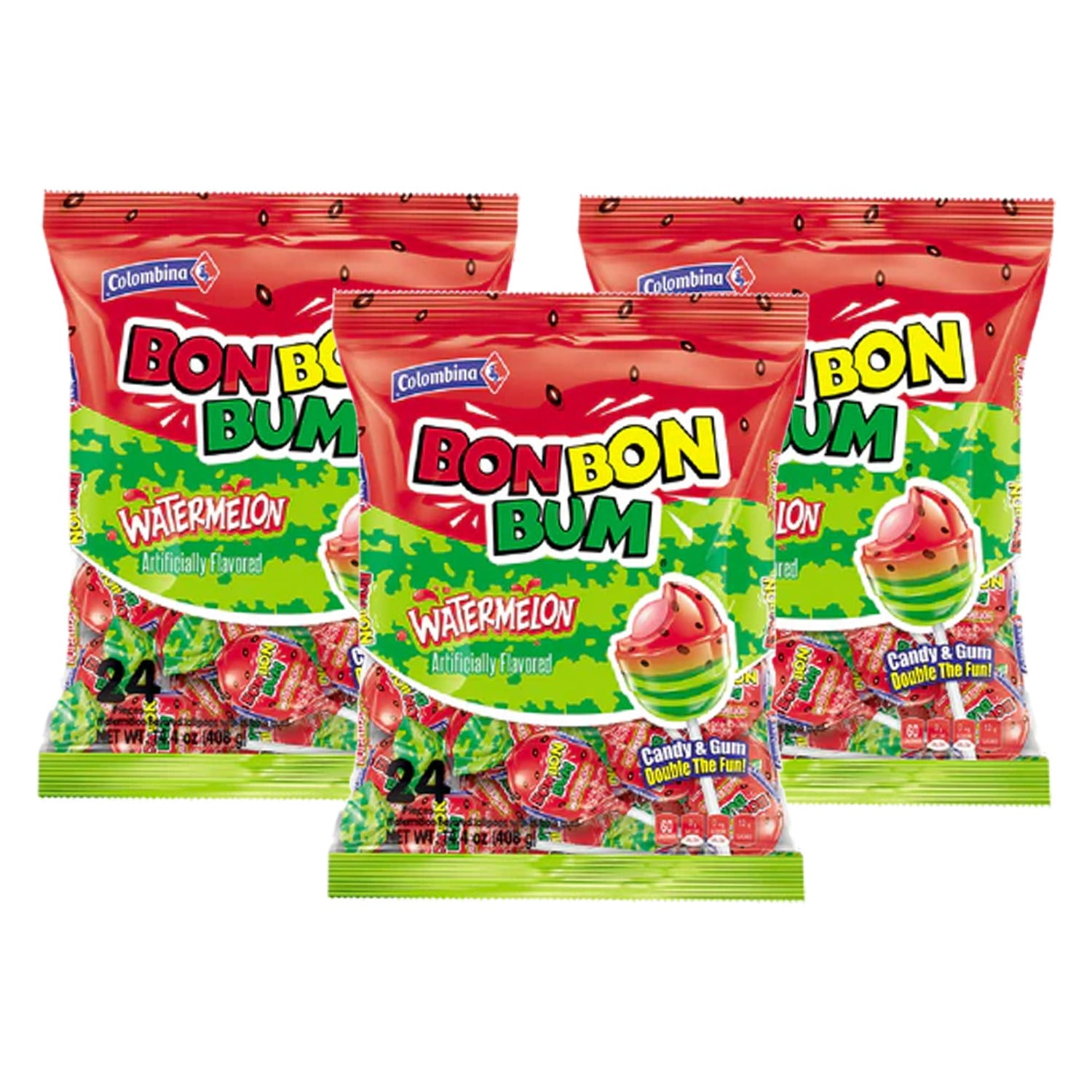 Colombina Bon Bon Bum Lollipops w/Bubble Gum Center, Watermelon Flavor ...