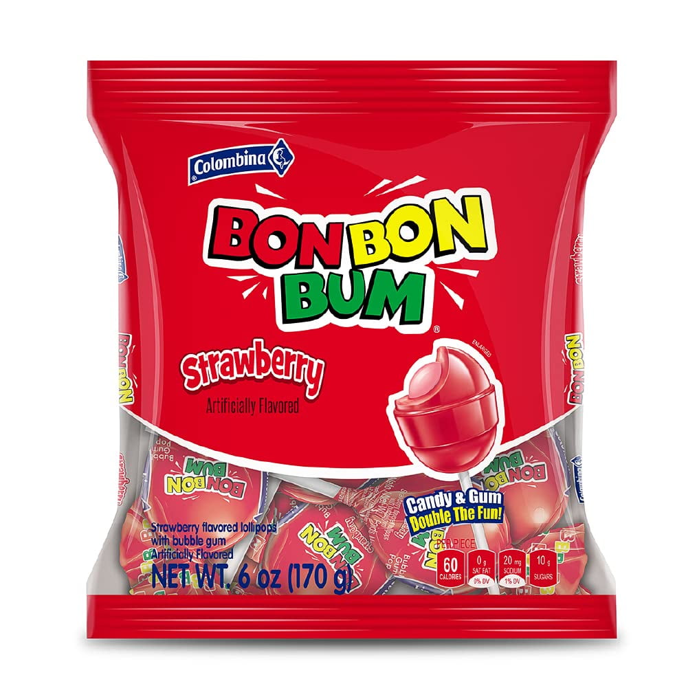 Colombina Bon Bon Bum Strawberry Bubble Gum Lollipops, Pack of 24 ...