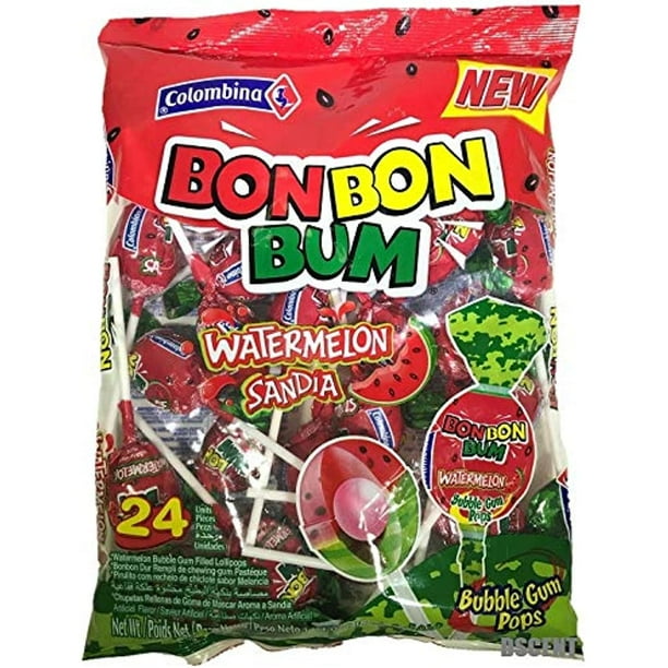 Colombina Bon Bon Bum Watermelon Bubble Gum Lollipops 24 Per Bag 2 Pack ...