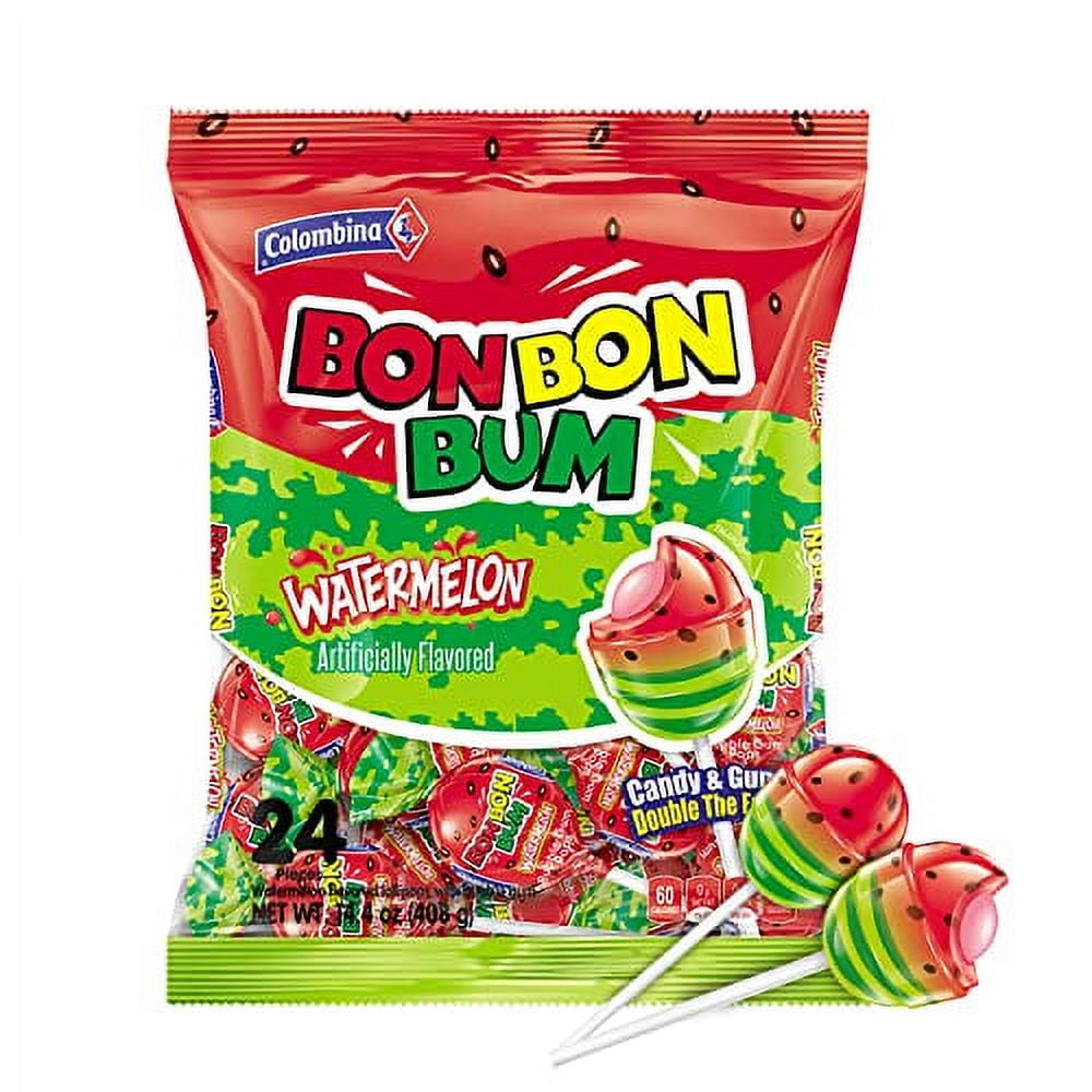 Colombina Bon Bon Bum Lollipops w/Bubble Gum Center - Watermelon Candy ...