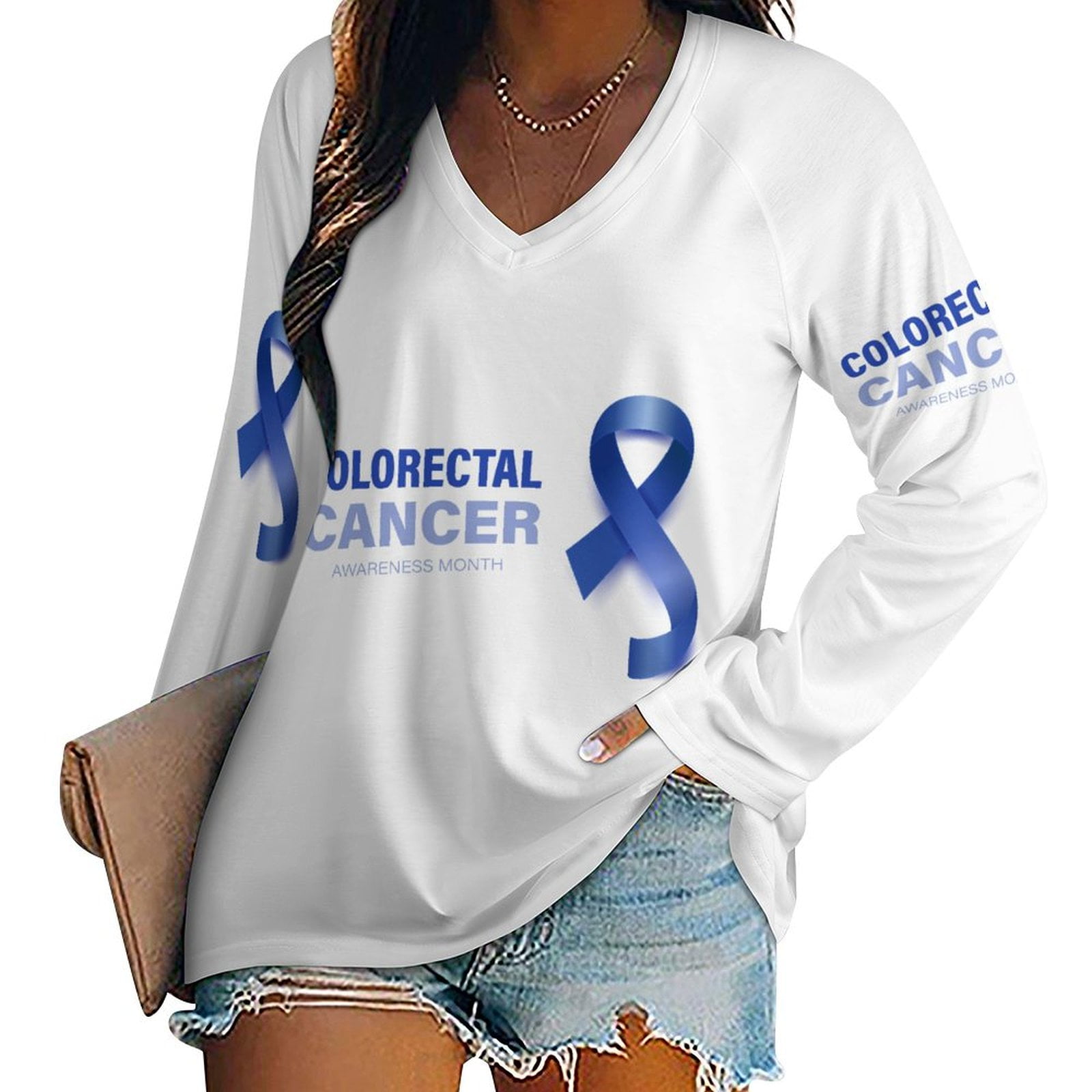 Colon Cancer Awareness Month Women's Long Sleeve Shirts Casual V Neck ...