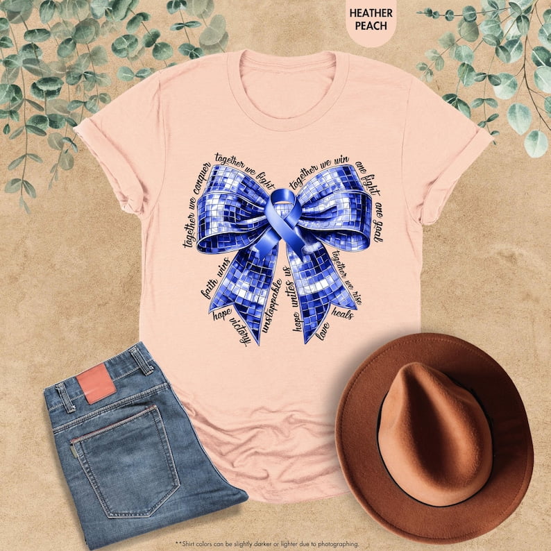Colon Cancer Awareness Shirt, Coquette Bow Colon Cancer, Blue Ribbon ...