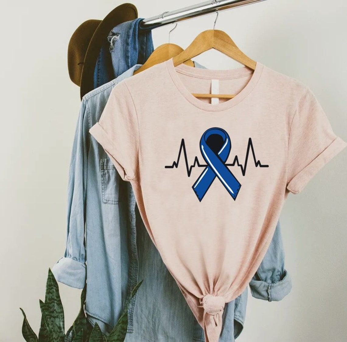 Colon Cancer Heartbeat T-Shirt, Dark Blue Ribbon Shirt, Colon Cancer ...