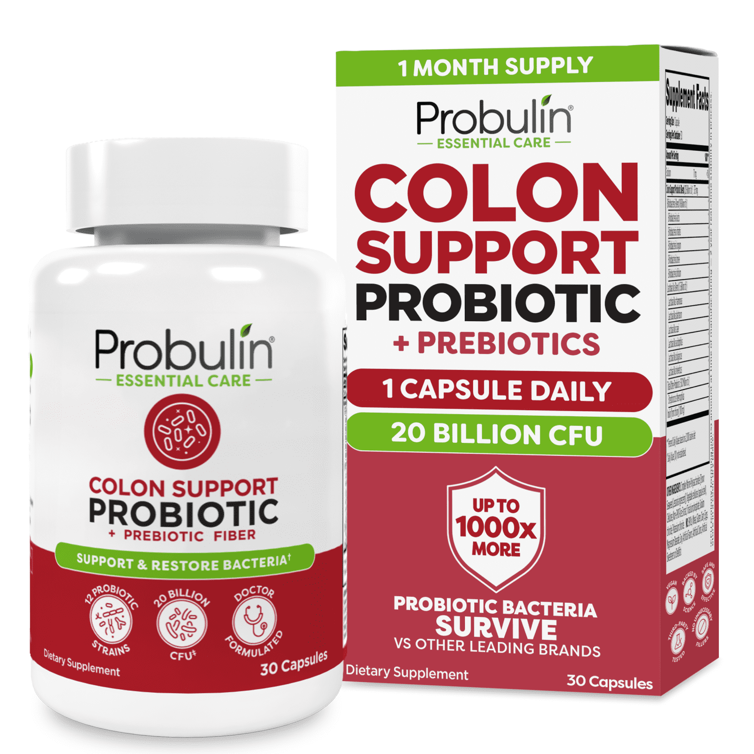 Probulin Colon Support Probiotic Supplement, 20 Billion CFU, Vegan, 30 ...