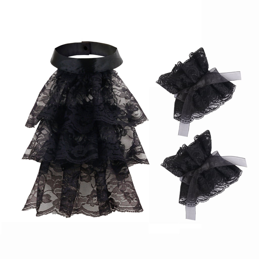Colonial Black Ruffled Lace Jabot Collar and Cuffs Set Pirate Costume ...